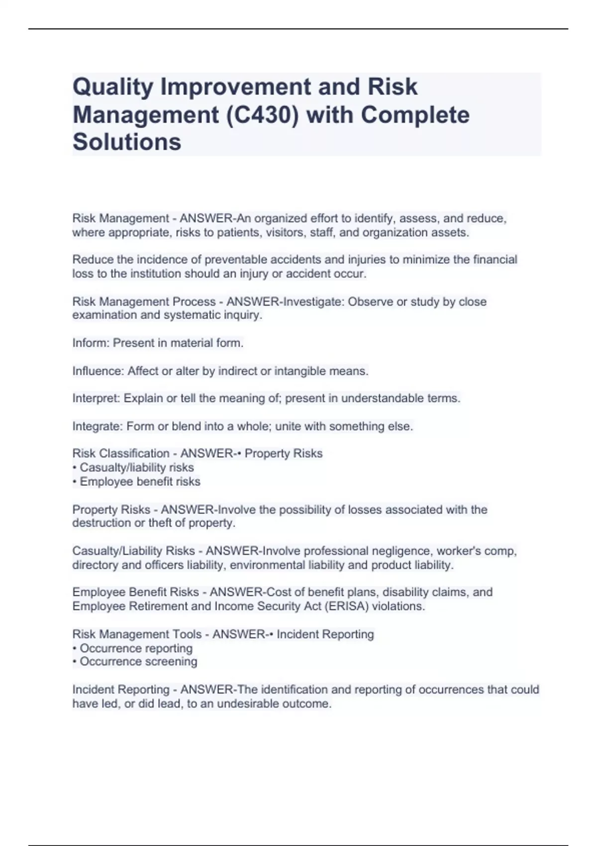 Quality Improvement and Risk Management (C430) with Complete Solutions - Quality Improvement and ...