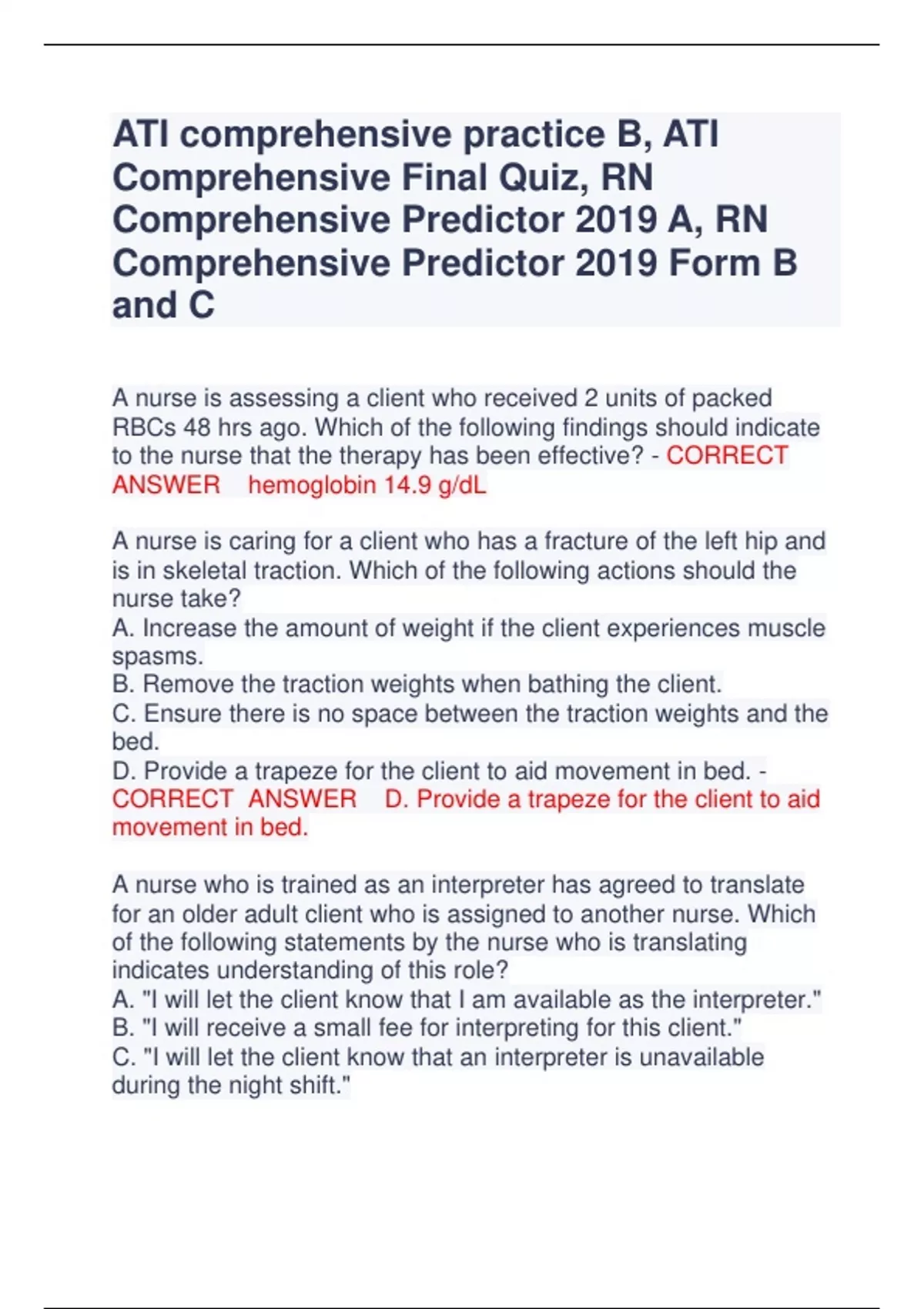 ATI comprehensive practice B, ATI Comprehensive Final Quiz, RN Comprehensive Predictor 2019 A ...