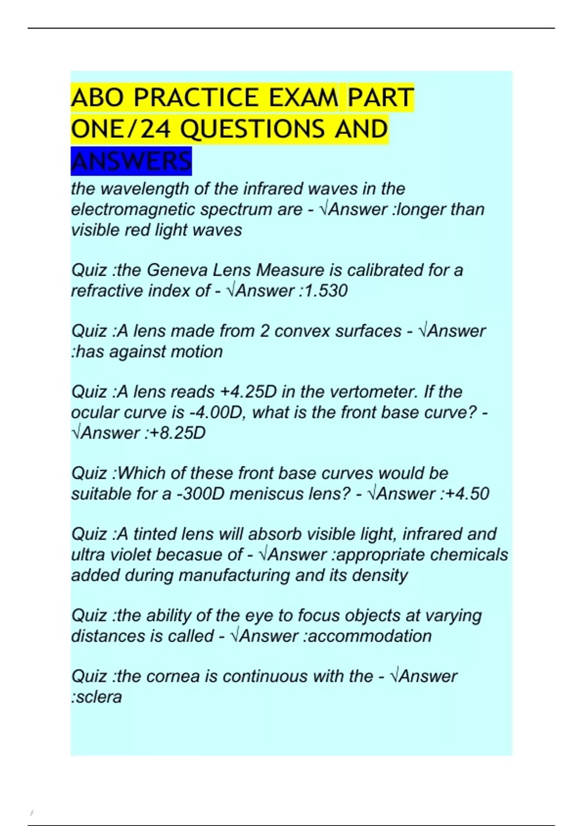 ABO PRACTICE EXAM PART ONE: the wavelength of the infrared waves - ABO ...