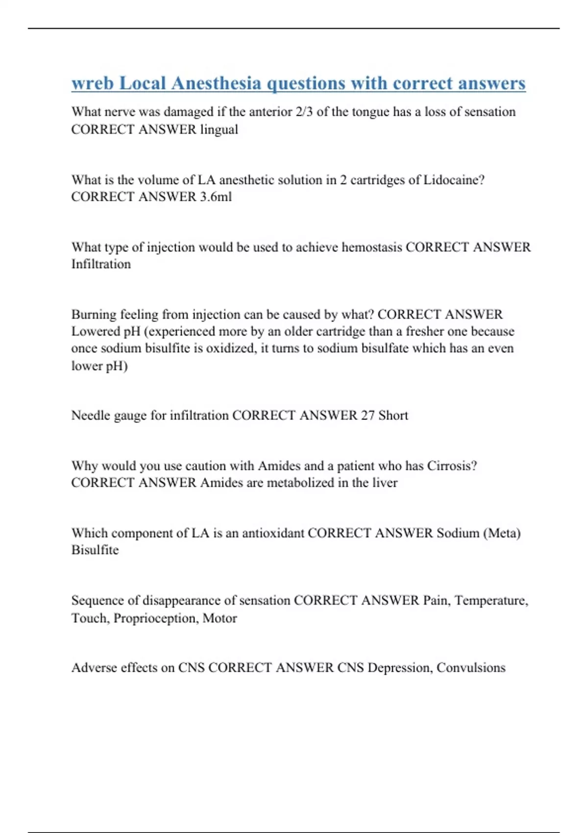 wreb Local Anesthesia questions with correct answers - Wreb - Stuvia US