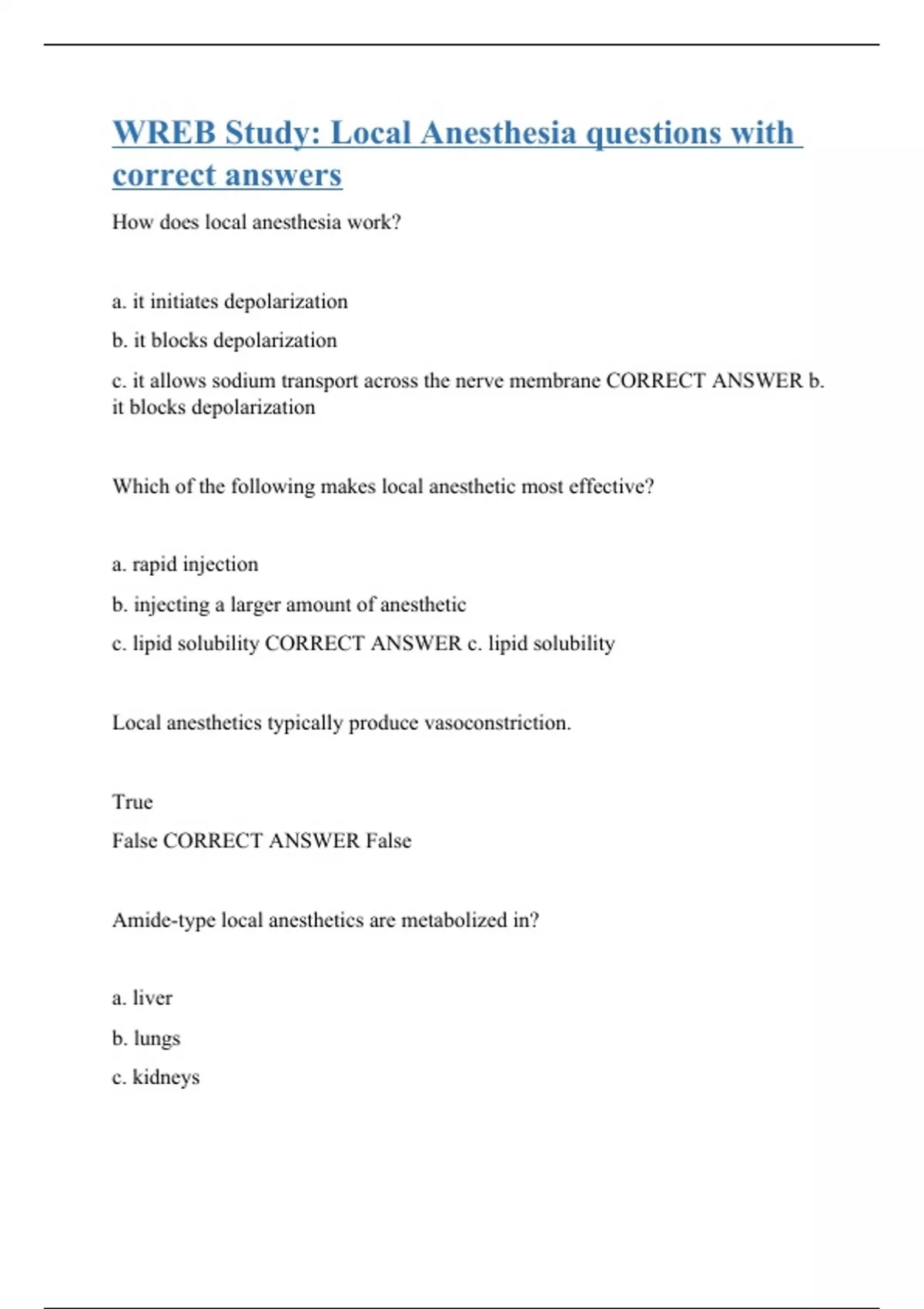 WREB Study: Local Anesthesia questions with correct answers - WREB ...
