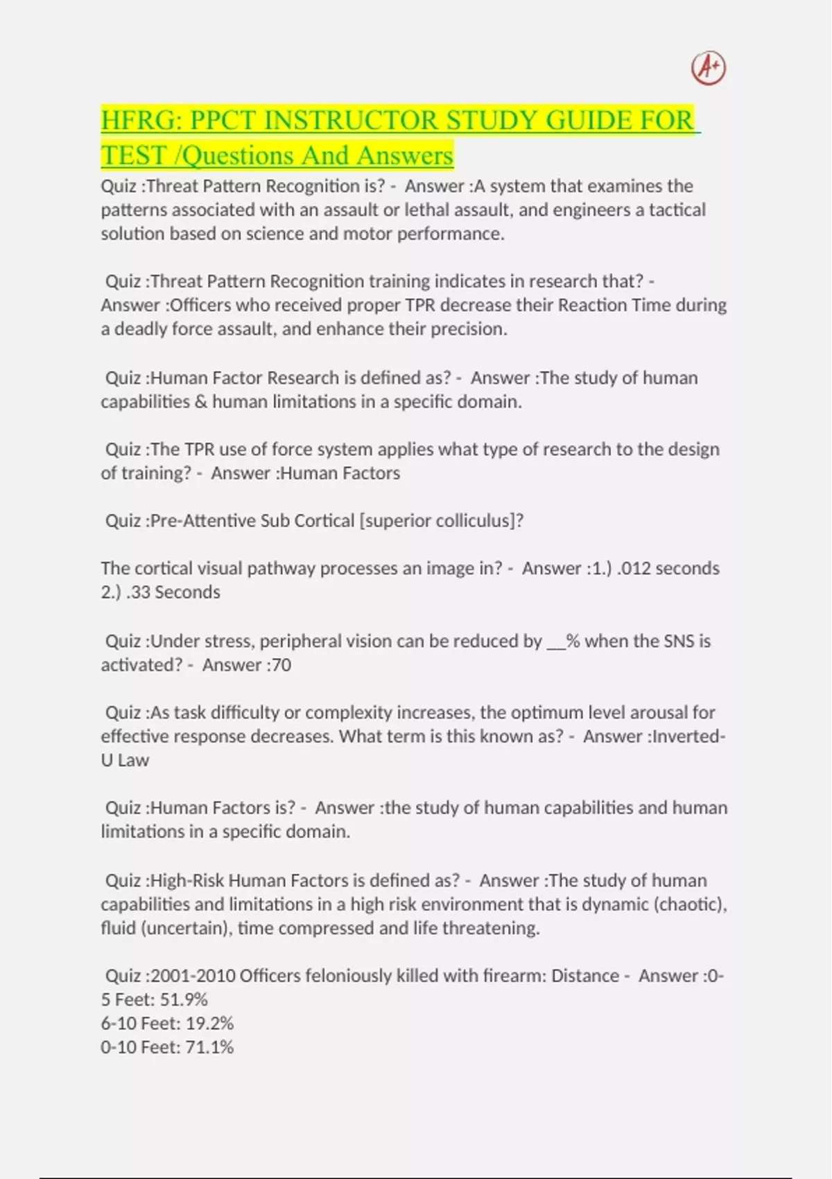 HFRG: PPCT INSTRUCTOR STUDY GUIDE FOR TEST /Questions And Answers ...