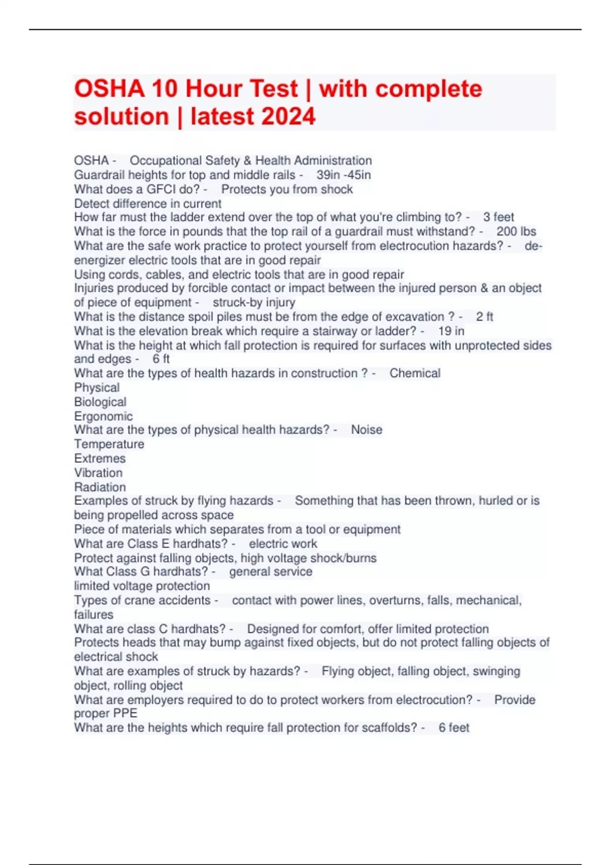OSHA 10 Hour Test | with complete solution | latest 2024 - OSHA 10 ...