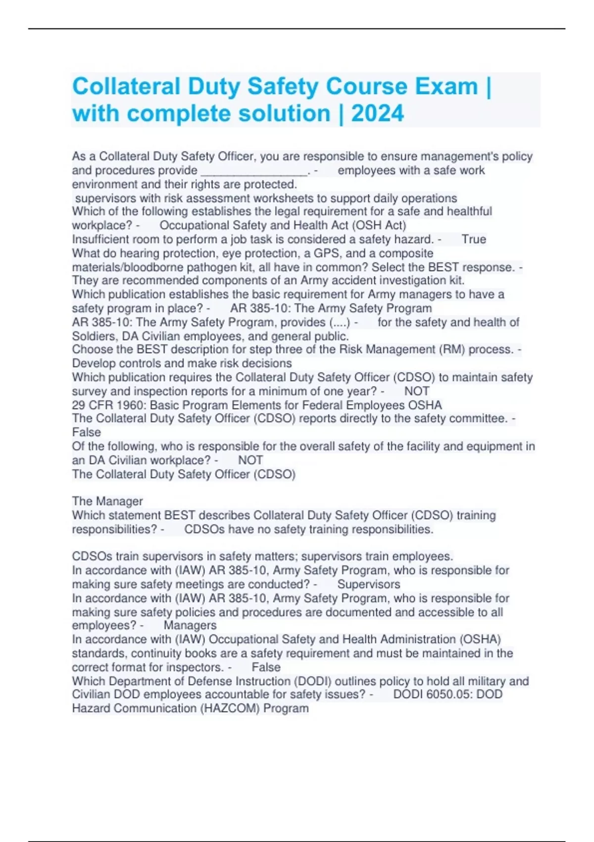 Collateral Duty Safety Course Exam | with complete solution | 2024 ...