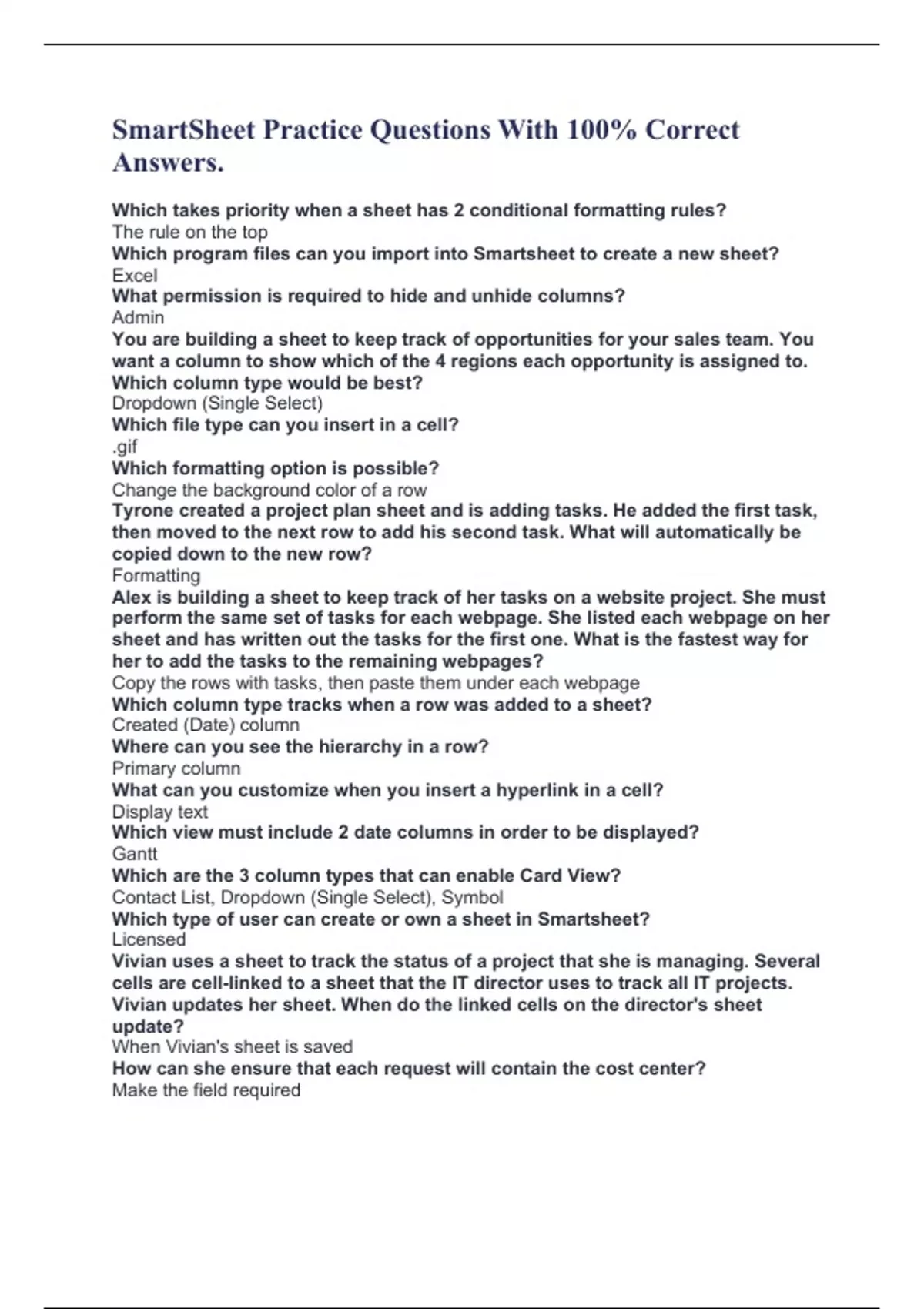 SmartSheet Practice Questions With 100% Correct Answers. - SmartSheet ...