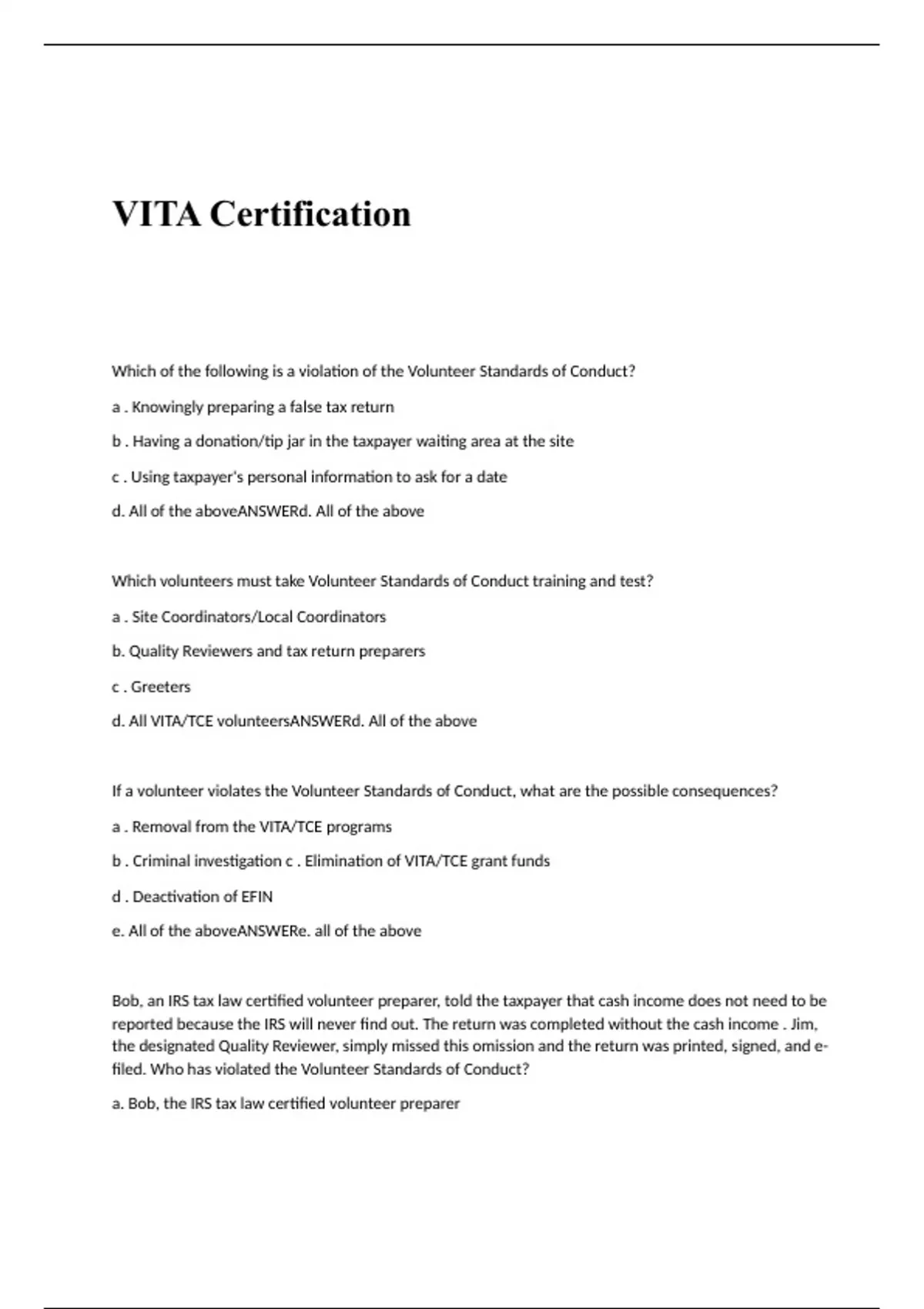VITA Certification Questions and Answers 2023/2024 - VITA Certification ...