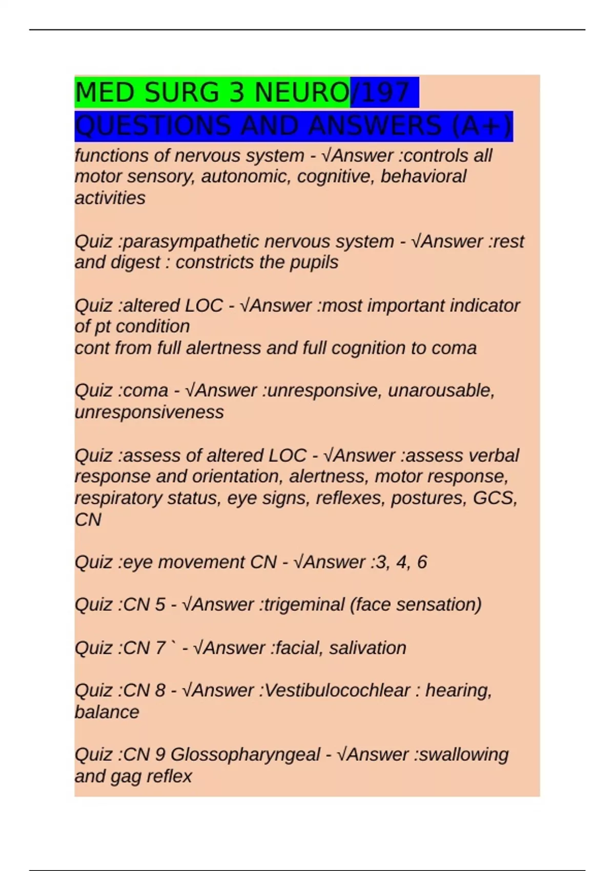 MED SURG 3 NEURO/197 QUESTIONS AND ANSWERS - Medsurg - Stuvia US
