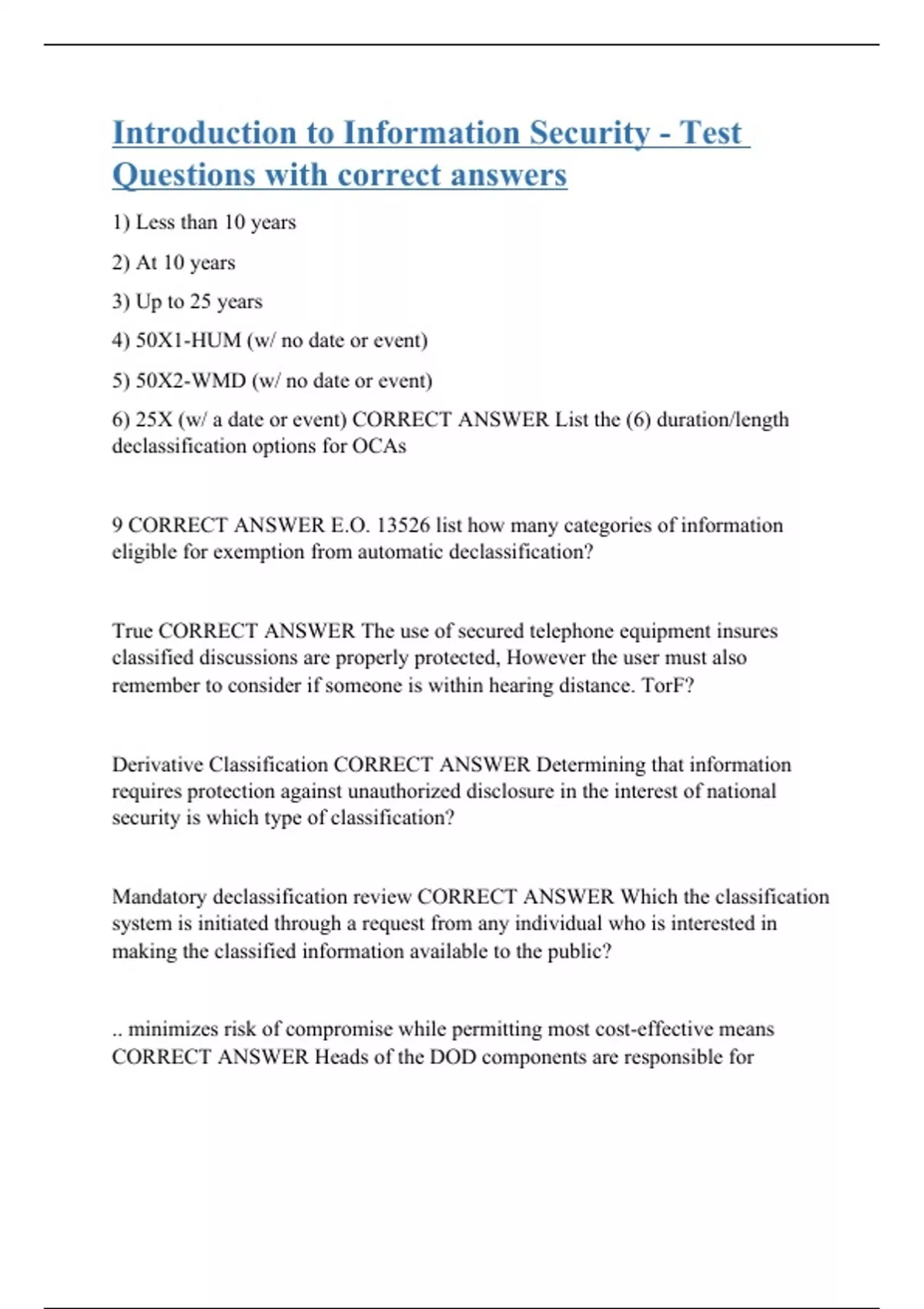 Introduction To Information Security Test Questions With Correct Answers Introduction To