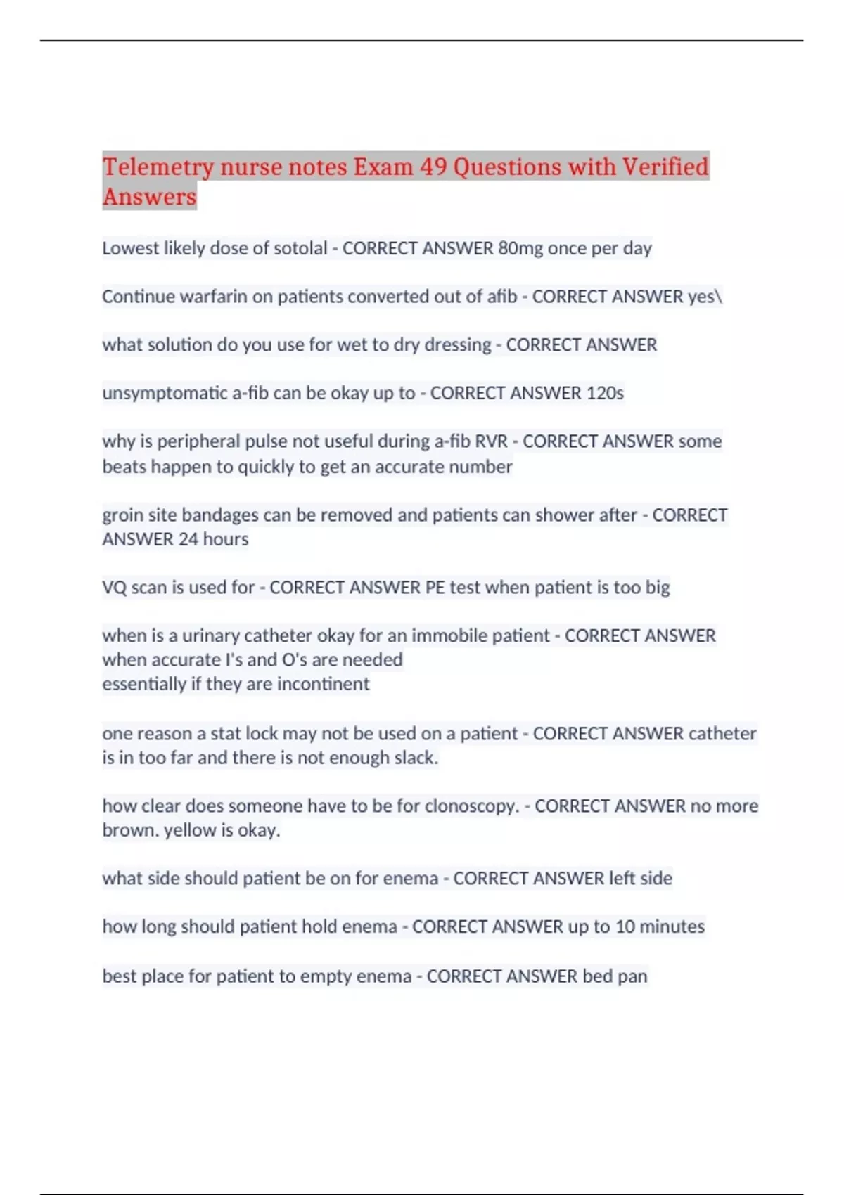Telemetry nurse notes Exam 49 Questions with Verified Answers,100% ...