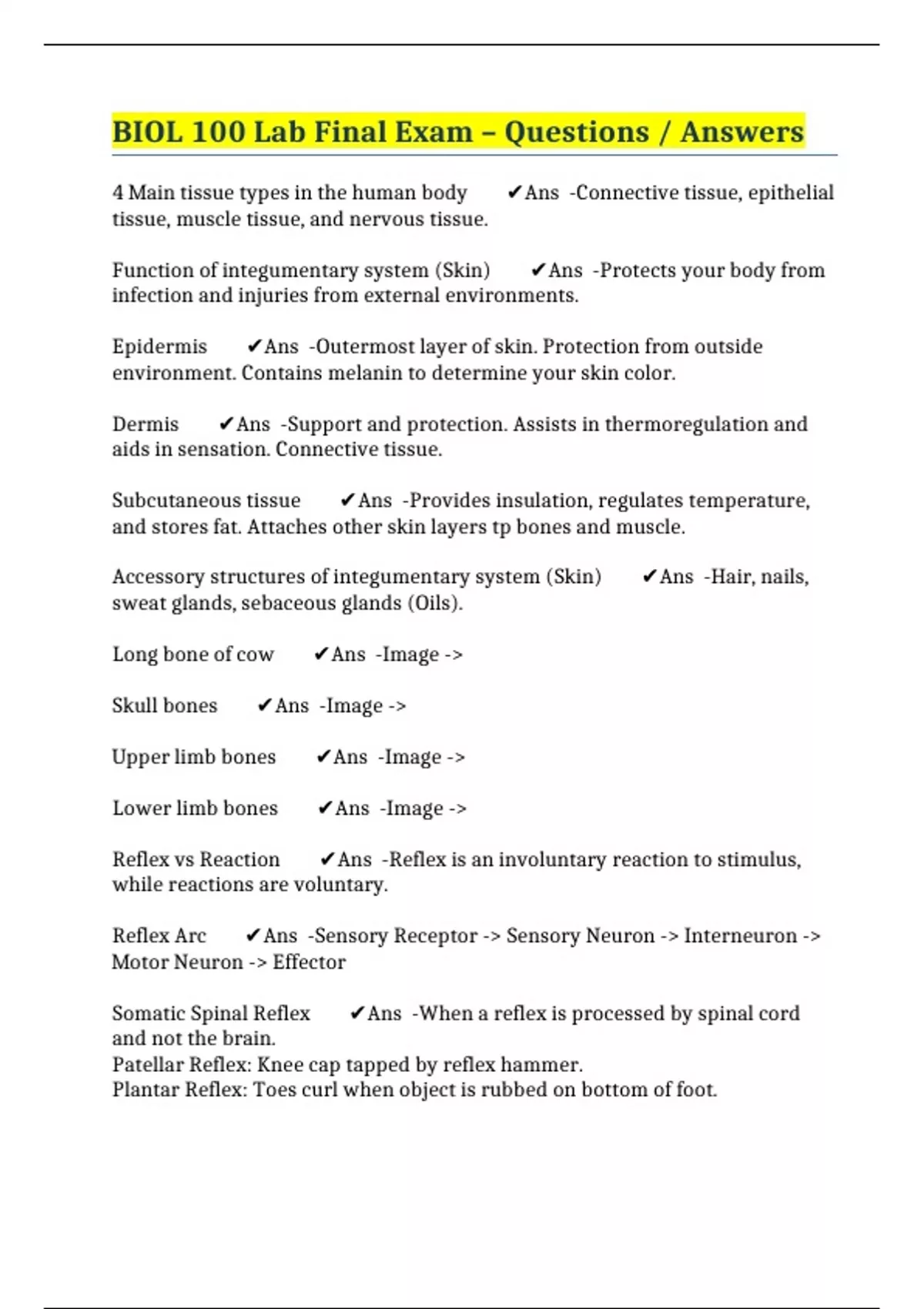 BIOL 100 Lab Final Exam – Questions / Answers - BIOL 100 - Stuvia US