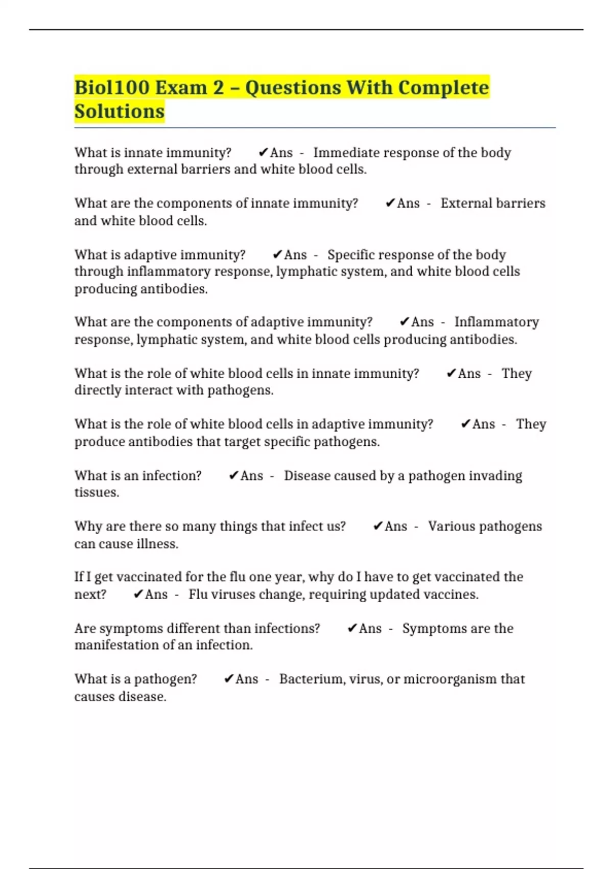 Biol100 Exam 2 – Questions With Complete Solutions - BIOL 100 - Stuvia US