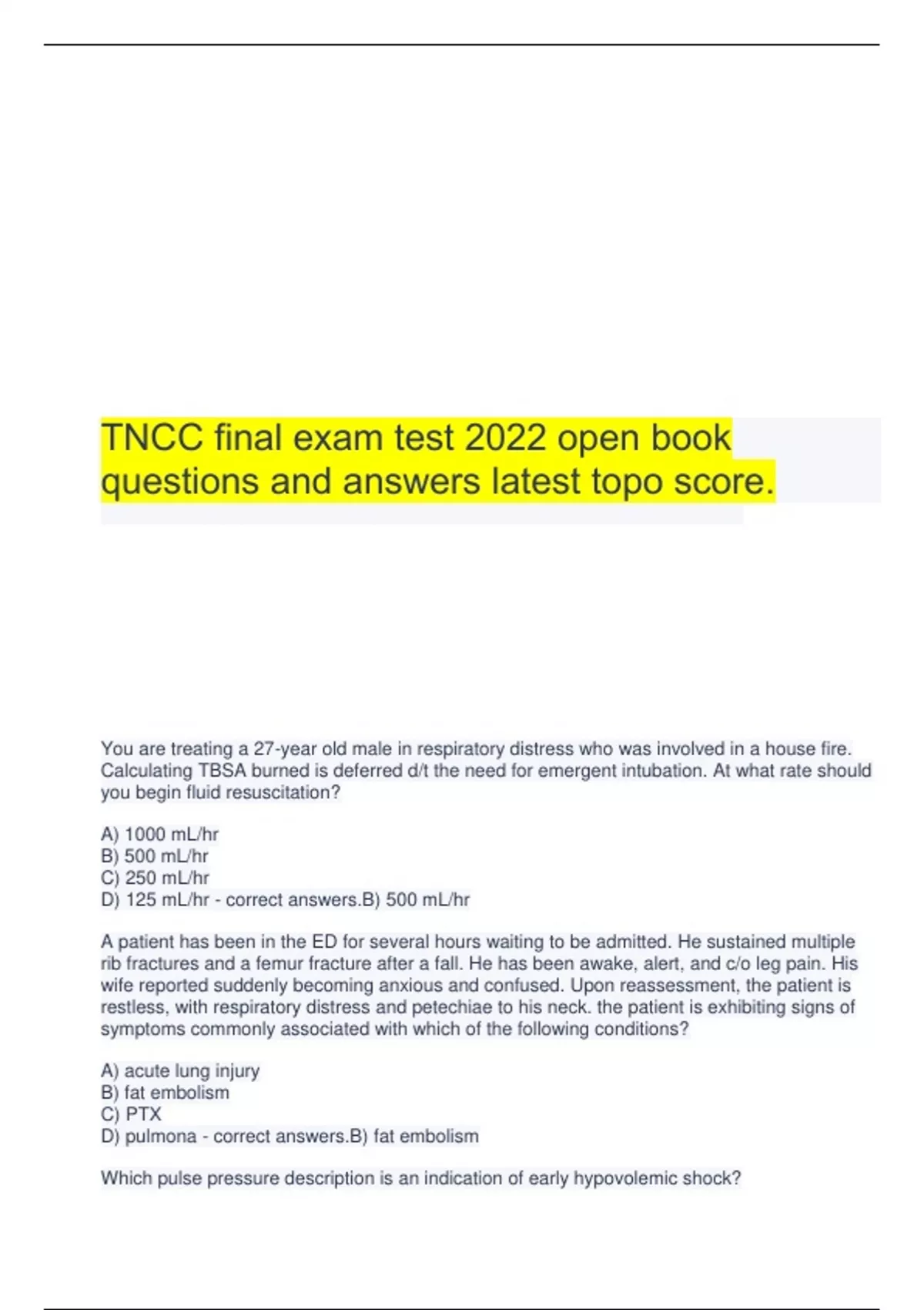 TNCC final exam test 2022 open book questions and answers latest topo ...
