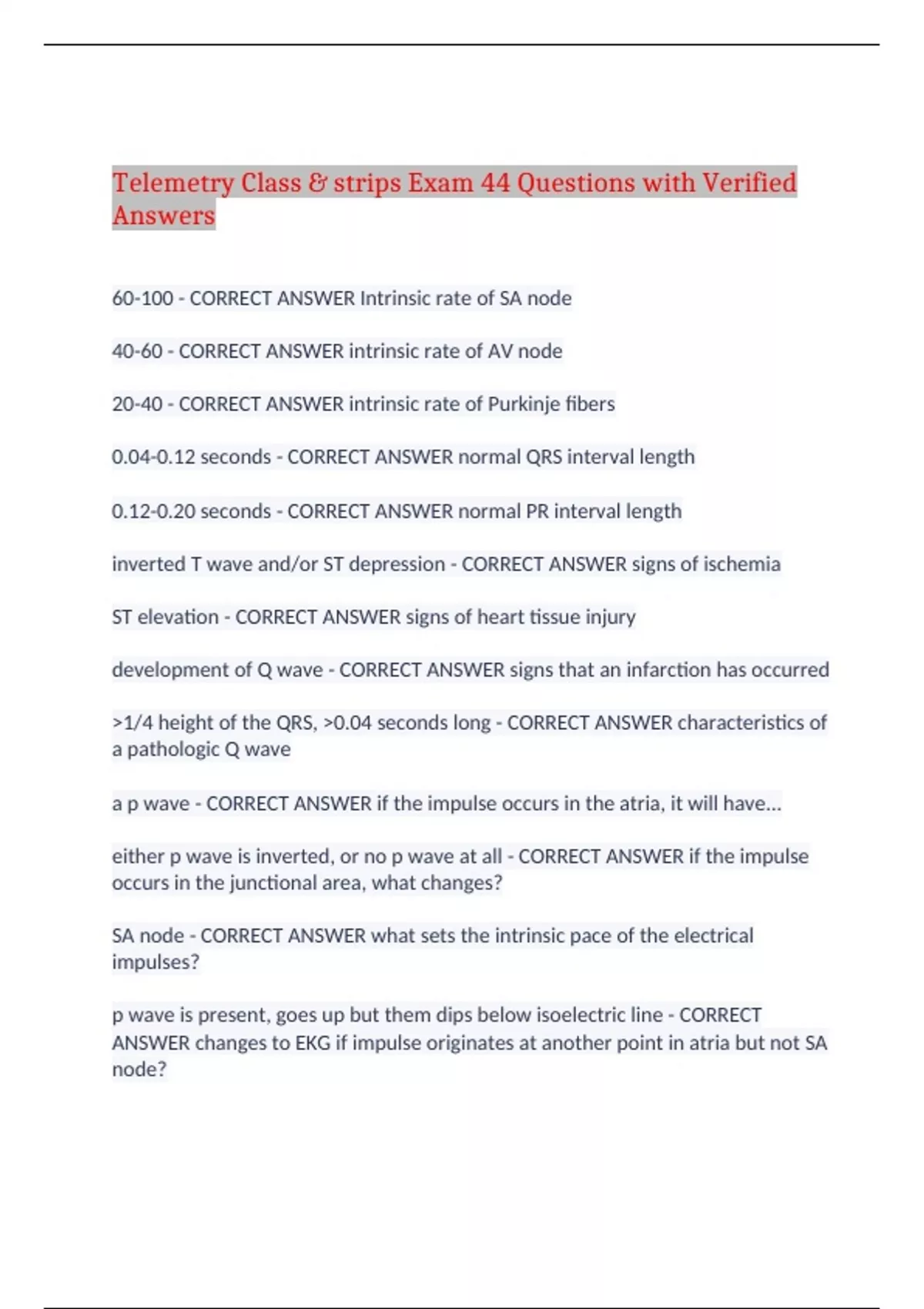 Telemetry Class & strips Exam 44 Questions with Verified Answers,100% ...