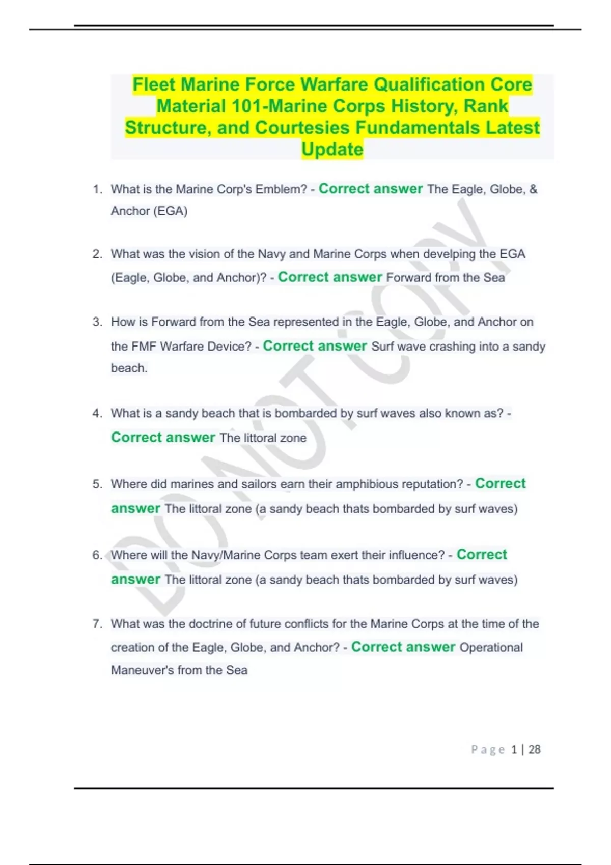 Fleet Marine Force Warfare Qualification Core Material 101-Marine Corps ...