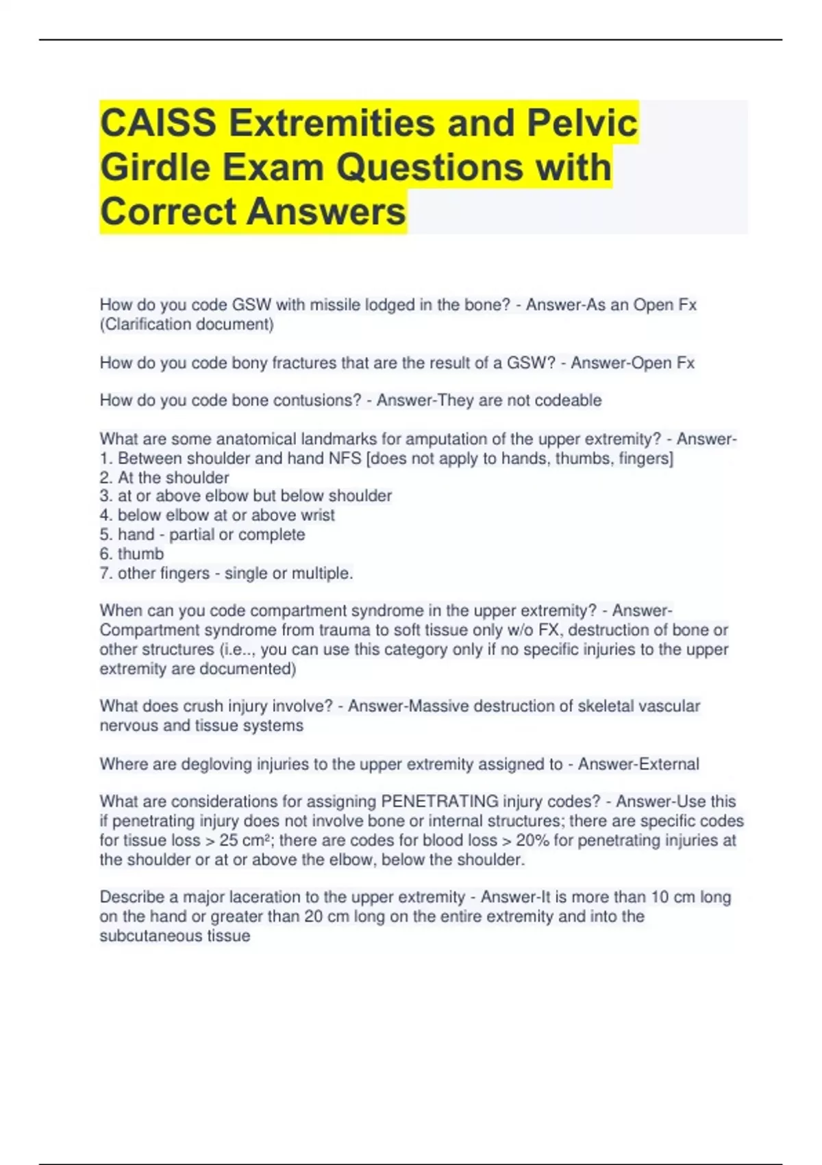 CAISS Extremities and Pelvic Girdle Exam Questions with Correct Answers ...