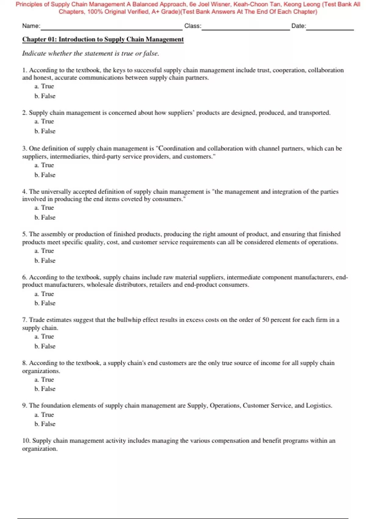 Test Bank for Principles of Supply Chain Management A Balanced Approach ...