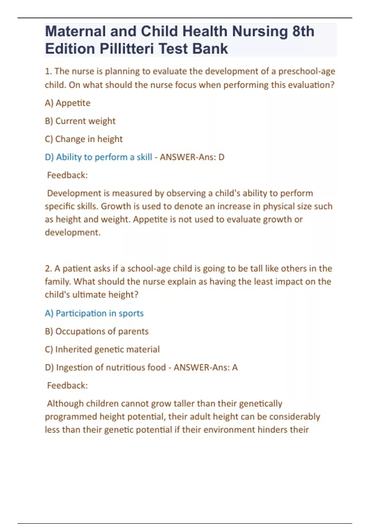 Maternal and Child Health Nursing 8th Edition Pillitteri Test Bank ...