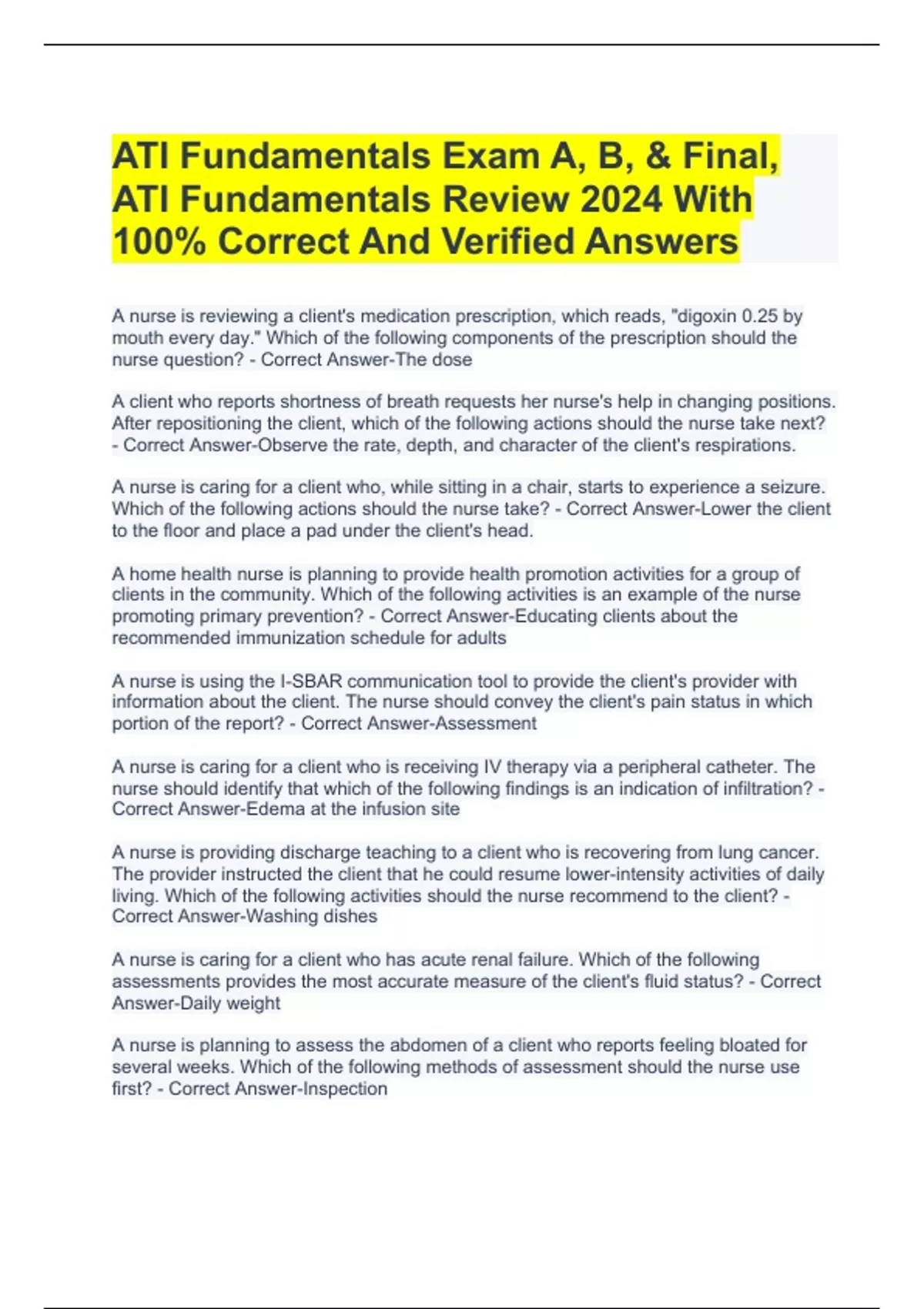 ATI Fundamentals Exam A, B, & Final, ATI Fundamentals Review 2024 With ...