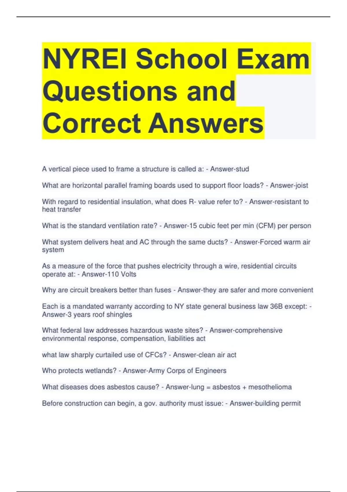 NYREI School Exam Questions and Correct Answers - NYREI - Stuvia US