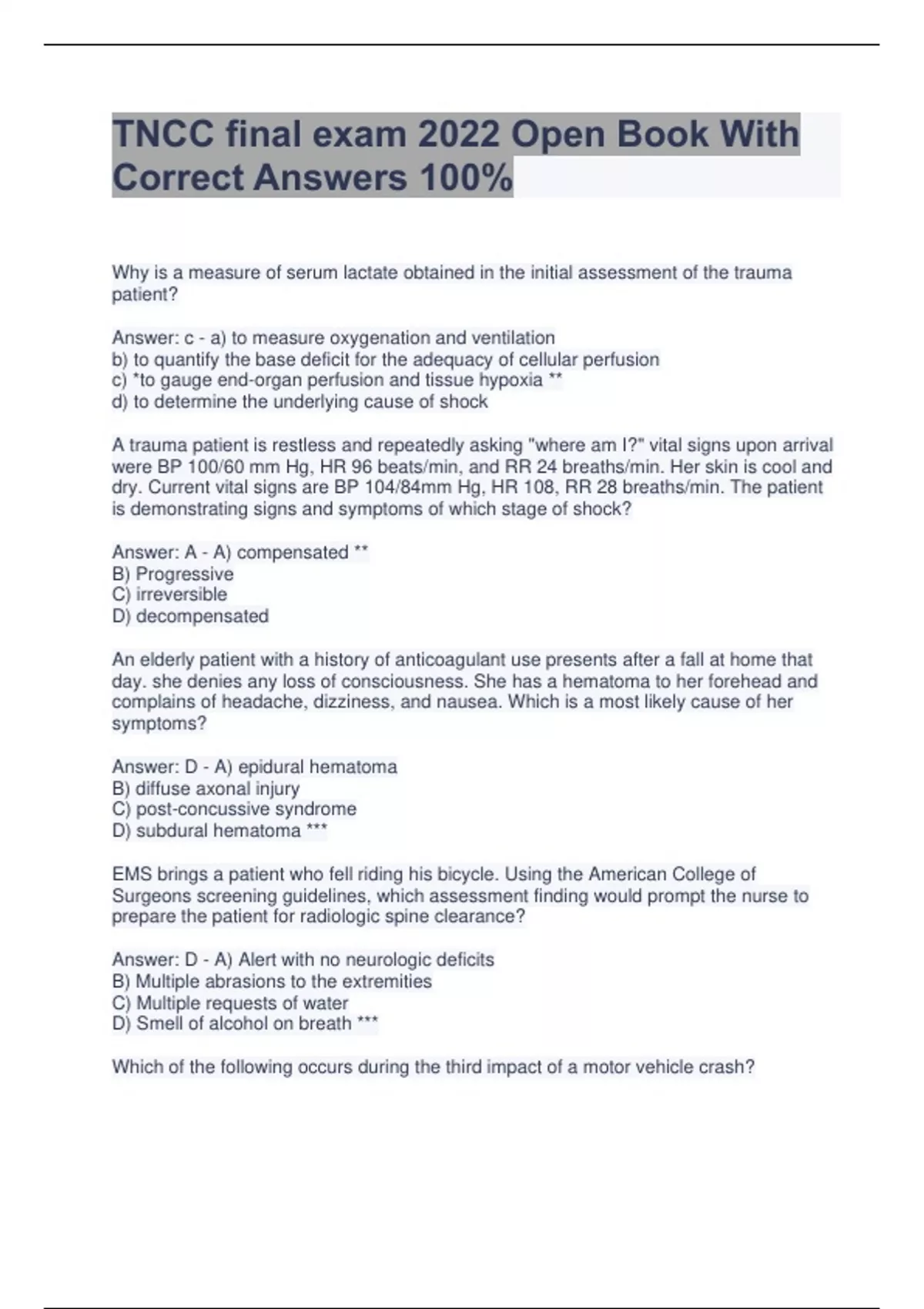 TNCC final exam 2022 Open Book With Correct Answers 100% - TNCC - Stuvia US