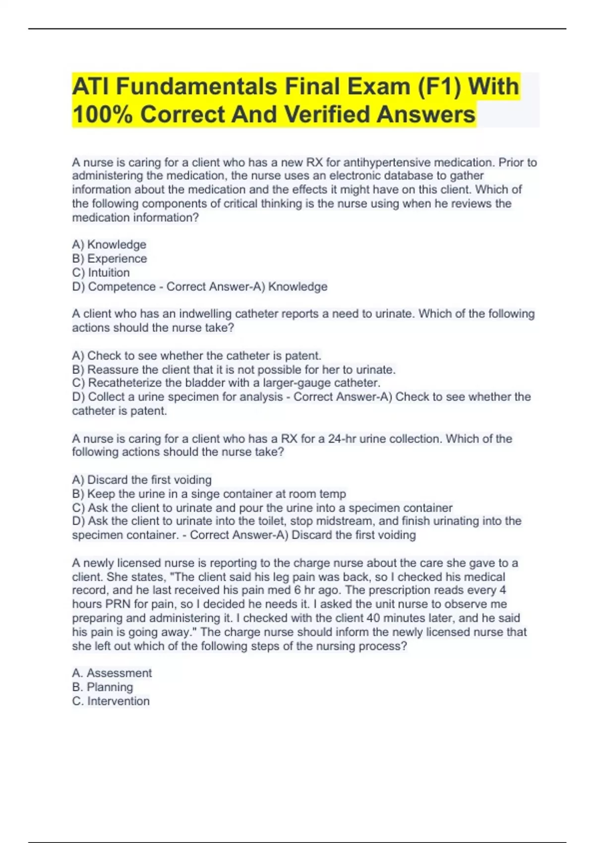 ATI Fundamentals Final Exam (F1) With 100% Correct And Verified Answers ...