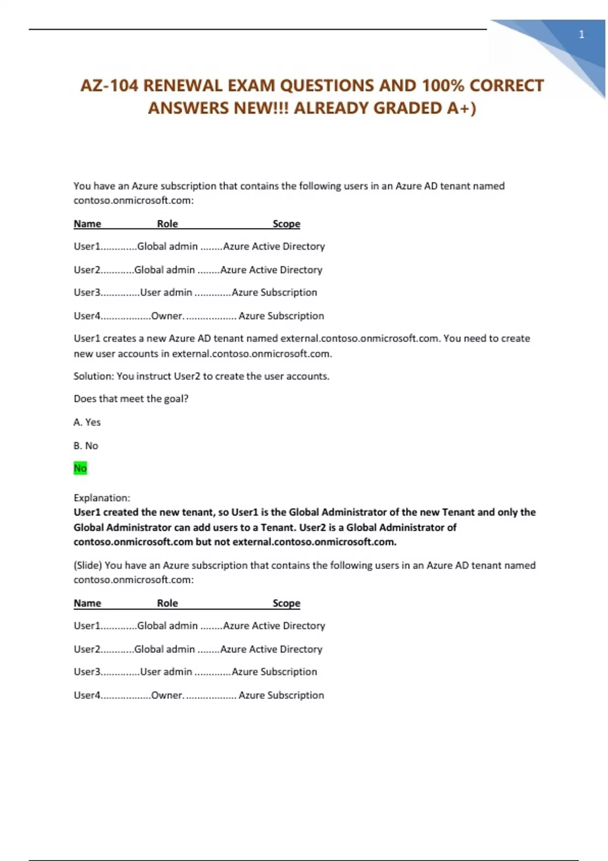 AZ-104 RENEWAL EXAM QUESTIONS AND 100% CORRECT ANSWERS NEW!!! UPDATE ...