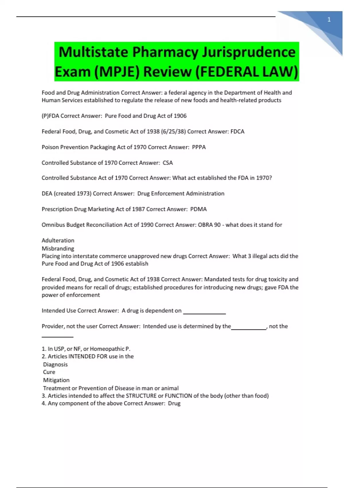 Multistate Pharmacy Jurisprudence Exam (MPJE) Review (FEDERAL LAW ...