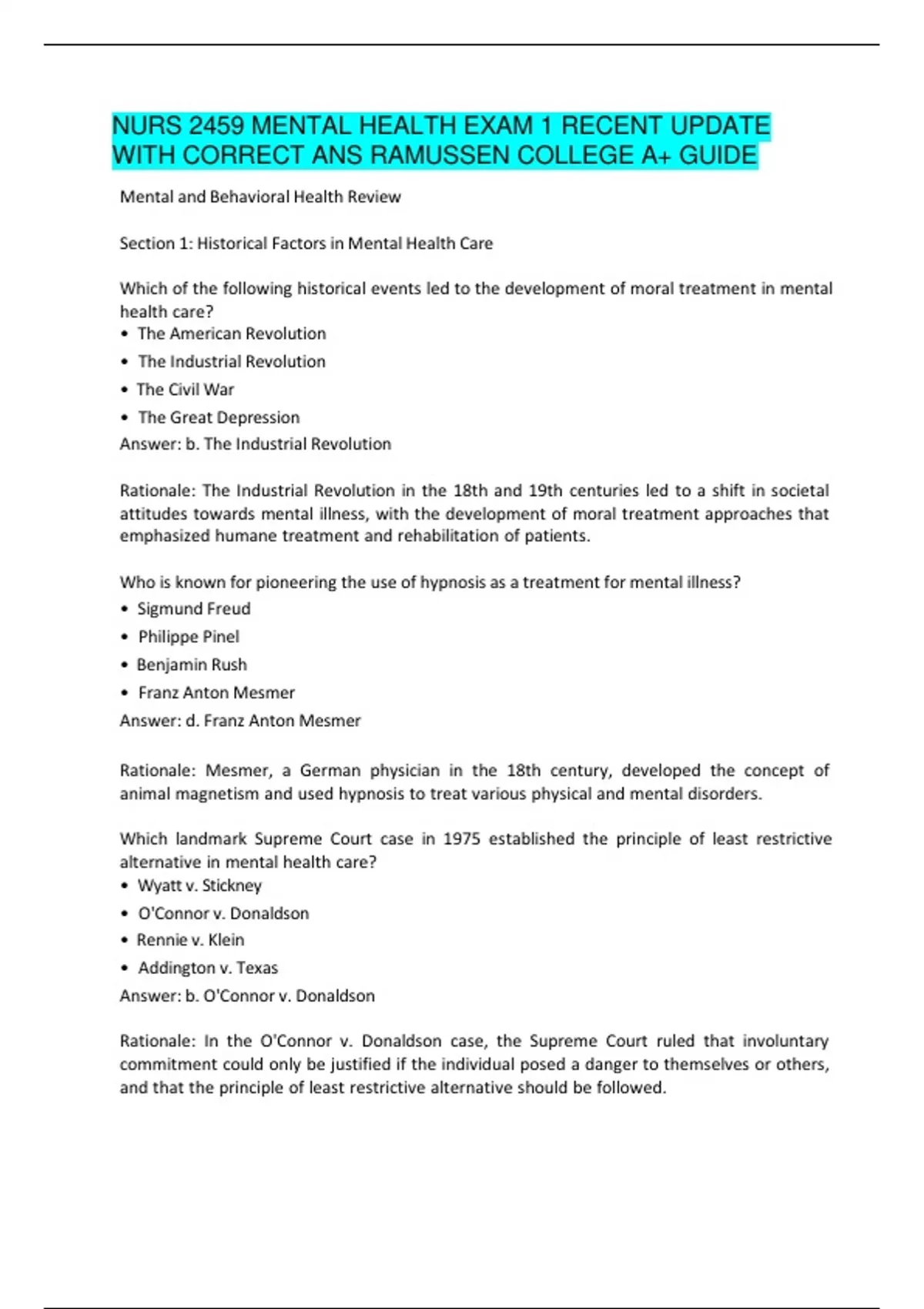 NURS 2459 MENTAL HEALTH EXAM 1 RECENT UPDATE WITH CORRECT ANS RAMUSSEN ...