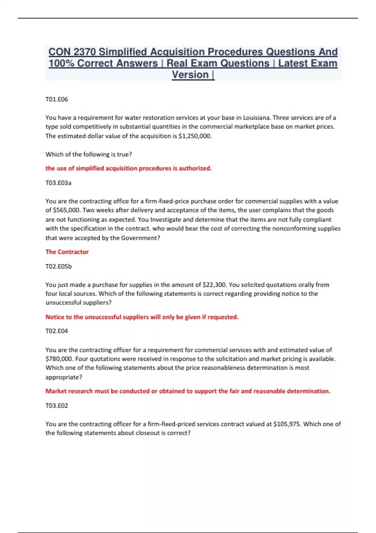 CON 2370 Simplified Acquisition Procedures Questions And 100% Correct ...