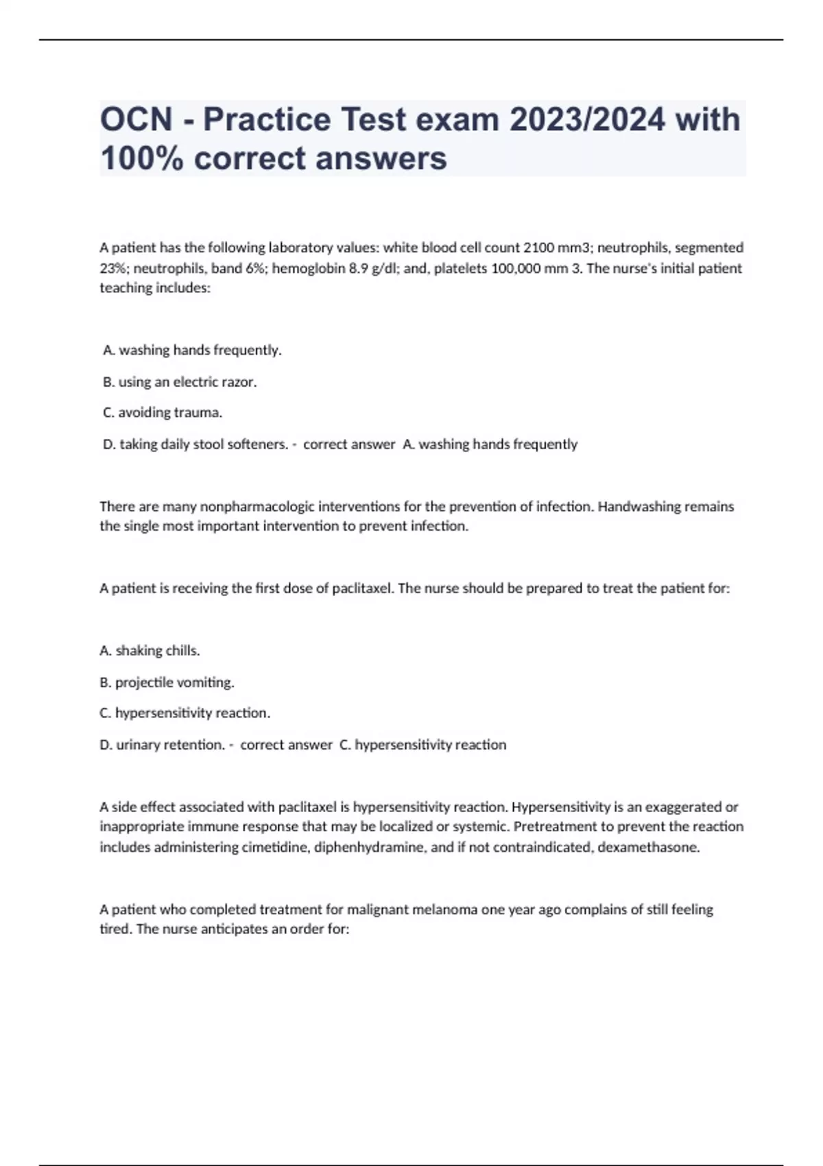 OCN - Practice Test exam 2023/2024 with 100% correct answers - ONCC ...