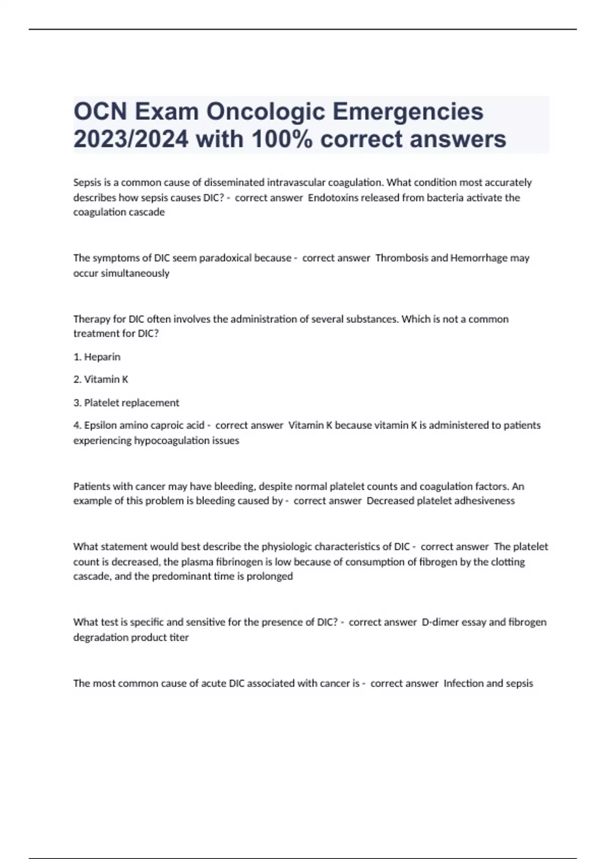OCN Exam Oncologic Emergencies 2023/2024 with 100% correct answers - ONCC - Stuvia US