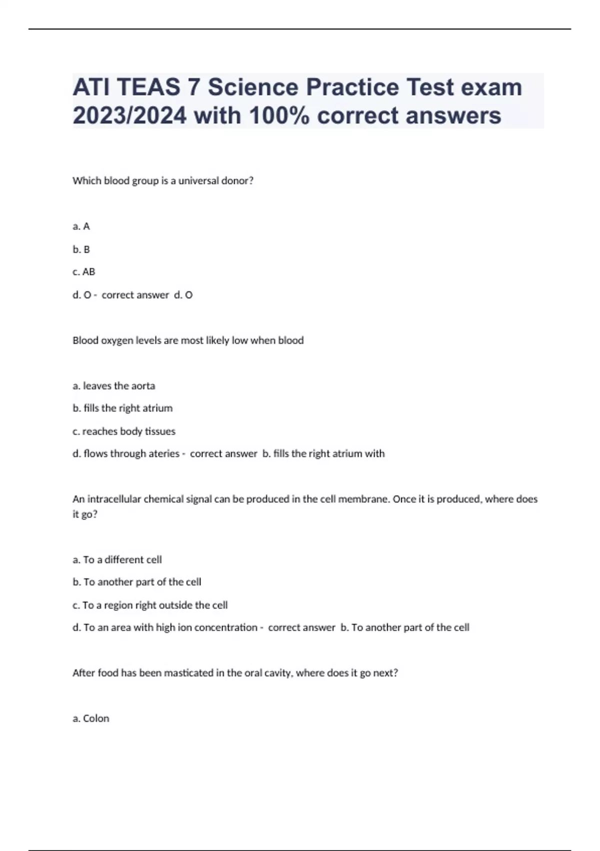 ATI TEAS 7 Science Practice Test exam 2023/2024 with 100% correct ...