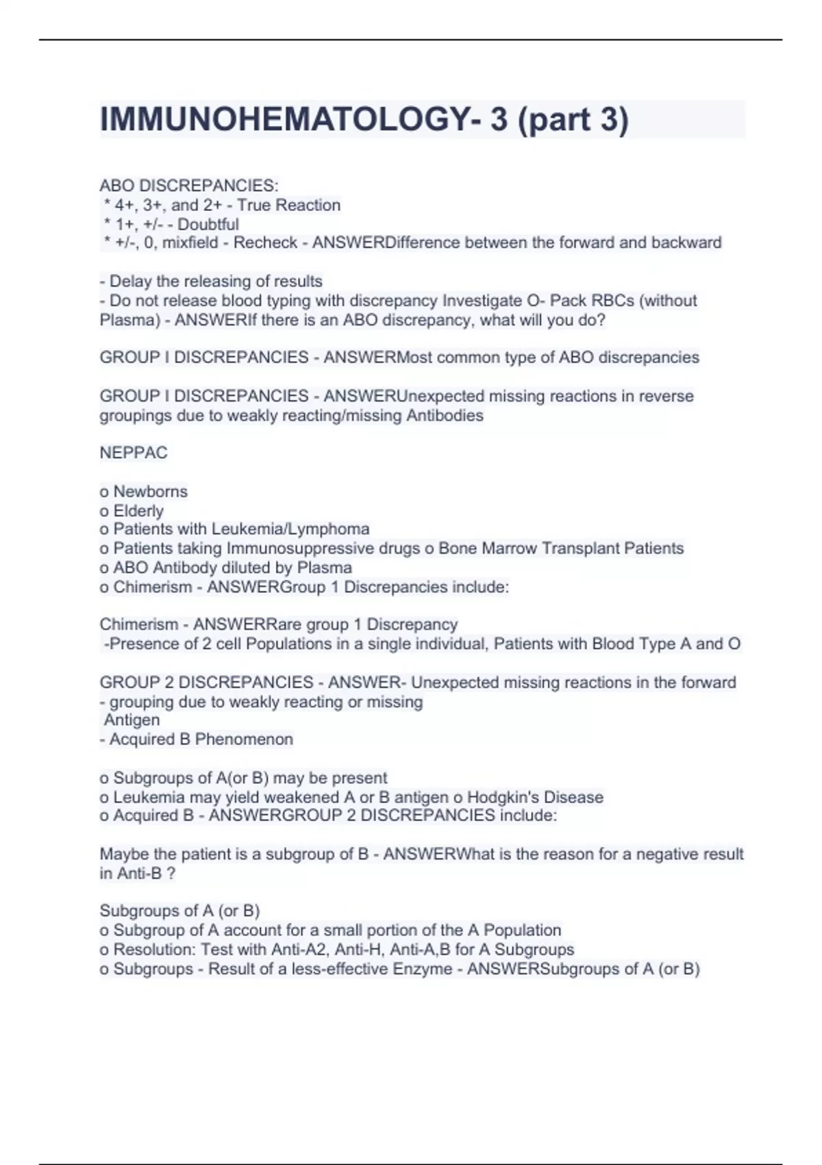 IMMUNOHEMATOLOGY- 3 (part 3).Written exam with answers 2023 - BGSS ...