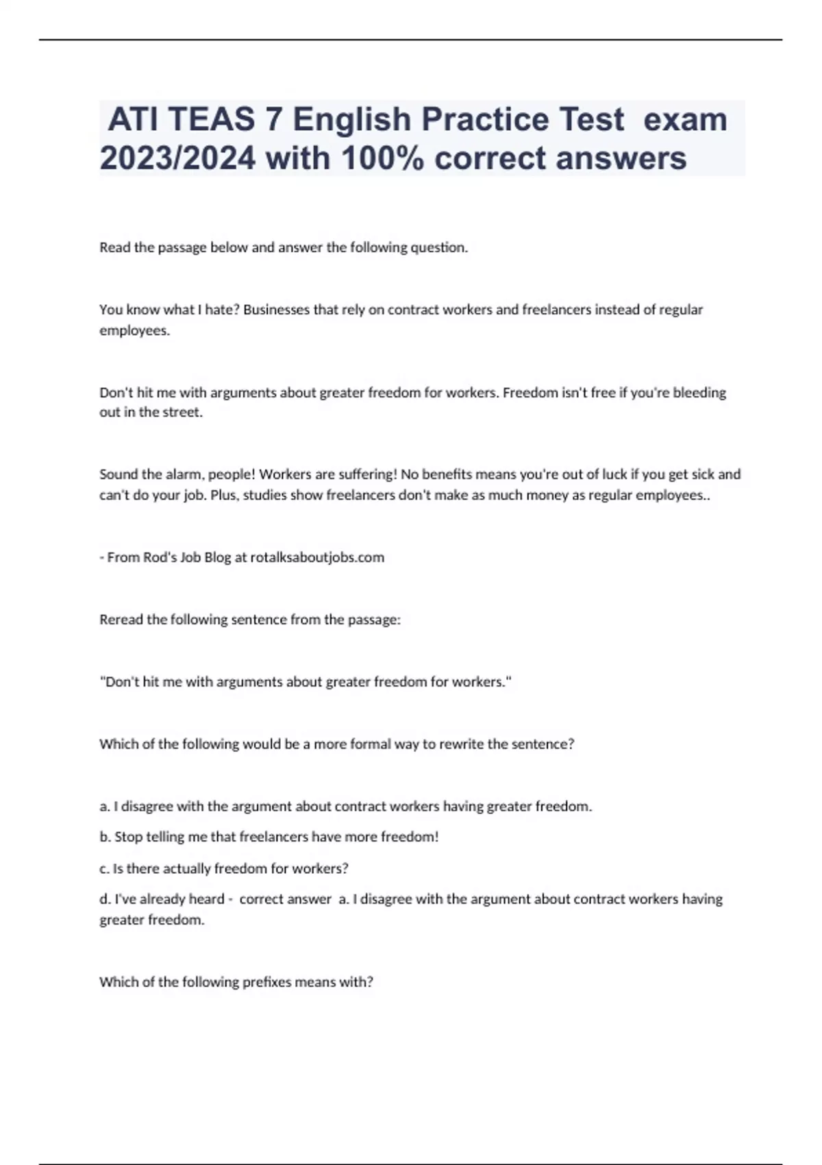 ATI TEAS 7 English Practice Test exam 2023/2024 with 100% correct ...
