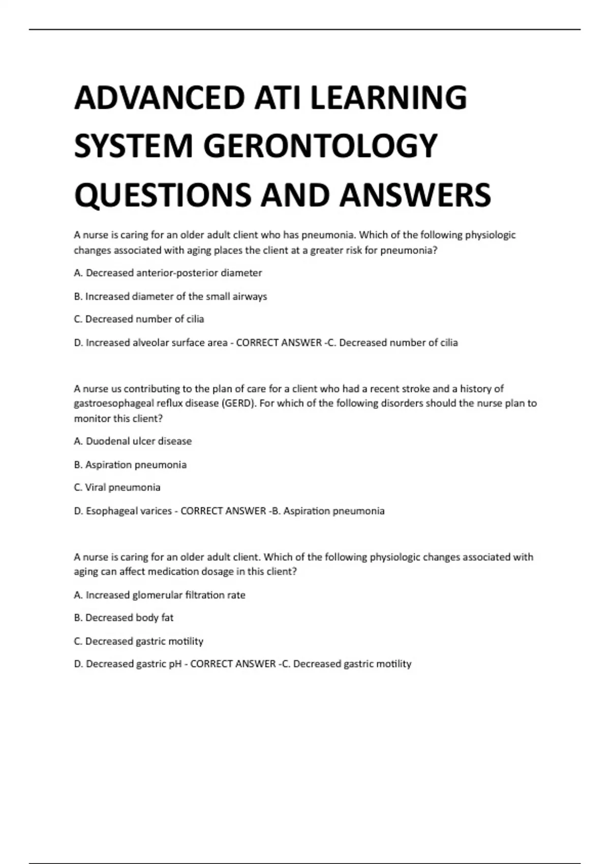 ADVANCED ATI LEARNING SYSTEM GERONTOLOGY QUESTIONS AND ANSWERS ...