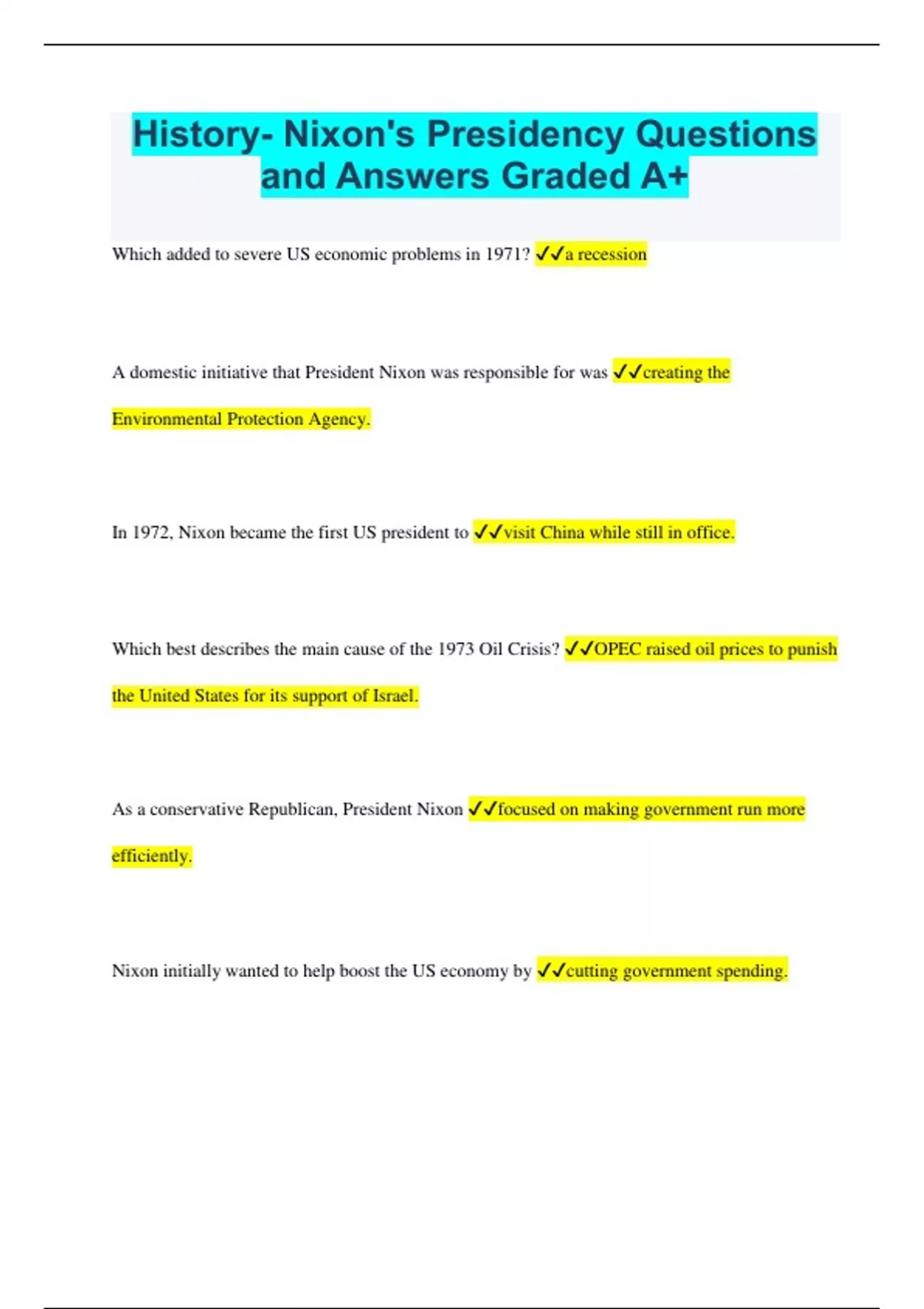 History- Nixon's Presidency Questions and Answers Graded A+ - History ...