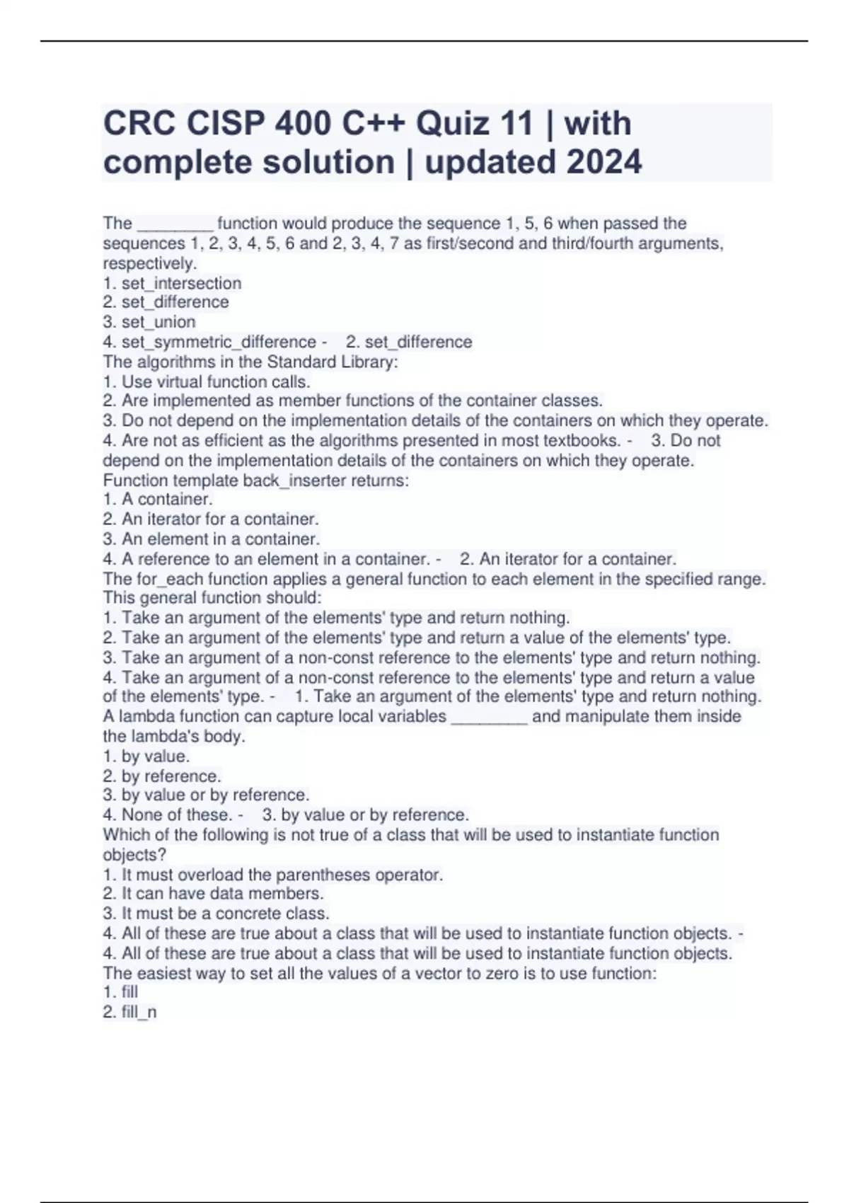 CRC CISP 400 C++ Quiz 11 | with complete solution | updated 2024 - CRC CISP 400 C - Stuvia US