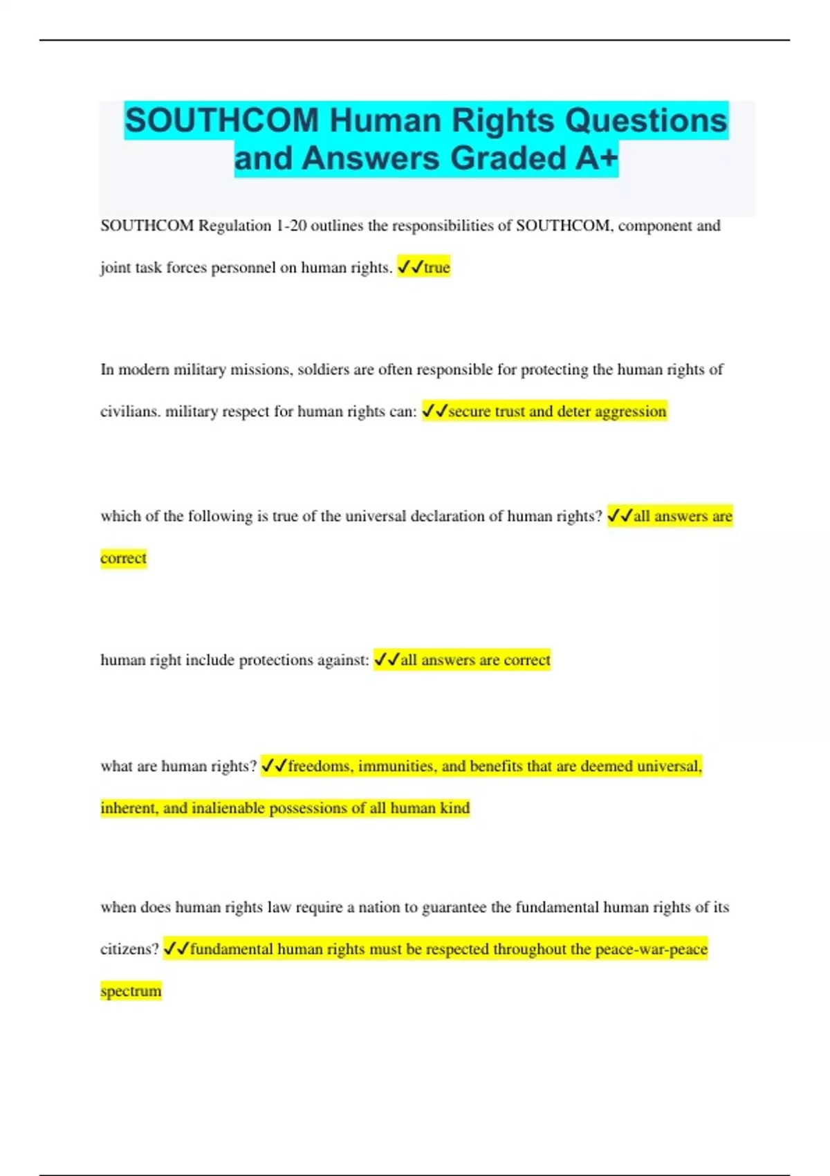 SOUTHCOM Human Rights Questions and Answers Graded A+ - SOUTHCOM Human ...