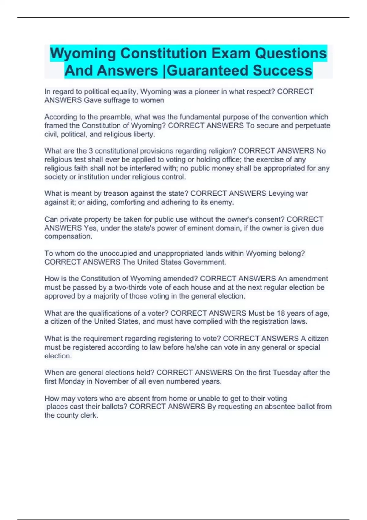 Wyoming Constitution Exam Questions And Answers |Guaranteed Success ...