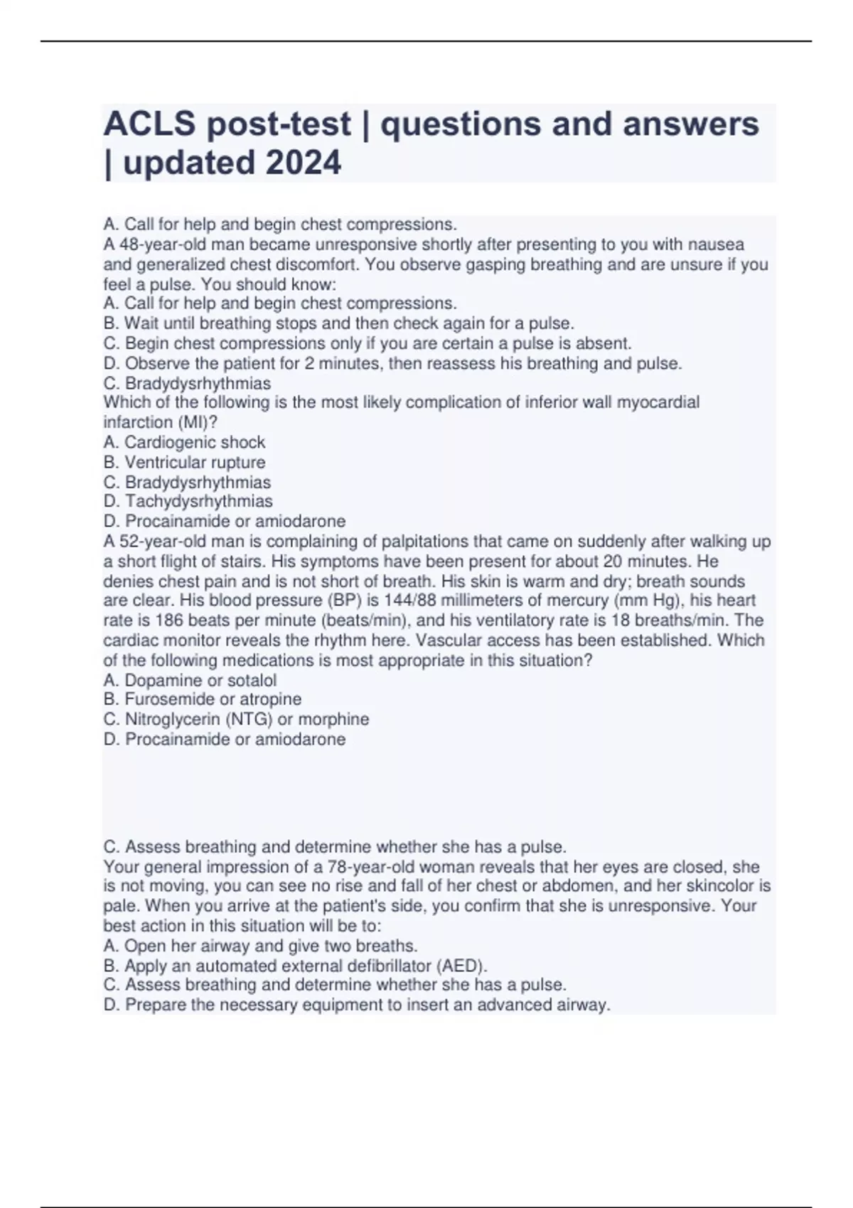 ACLS Post test Questions And Answers Updated 2024 ACLS Post test