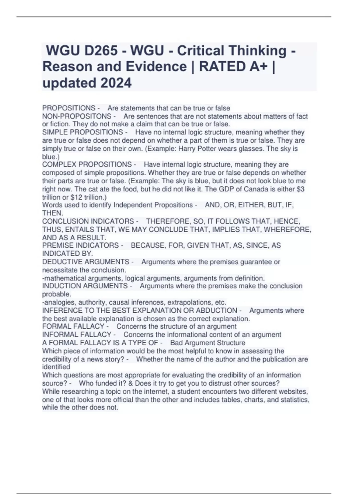 WGU D265 - WGU - Critical Thinking - Reason and Evidence | RATED A+ ...