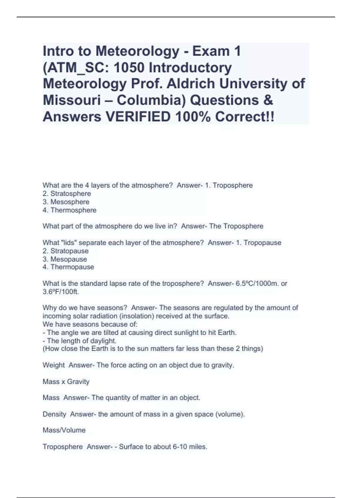 Intro to Meteorology - Exam 1 (ATM_SC: 1050 Introductory Meteorology ...