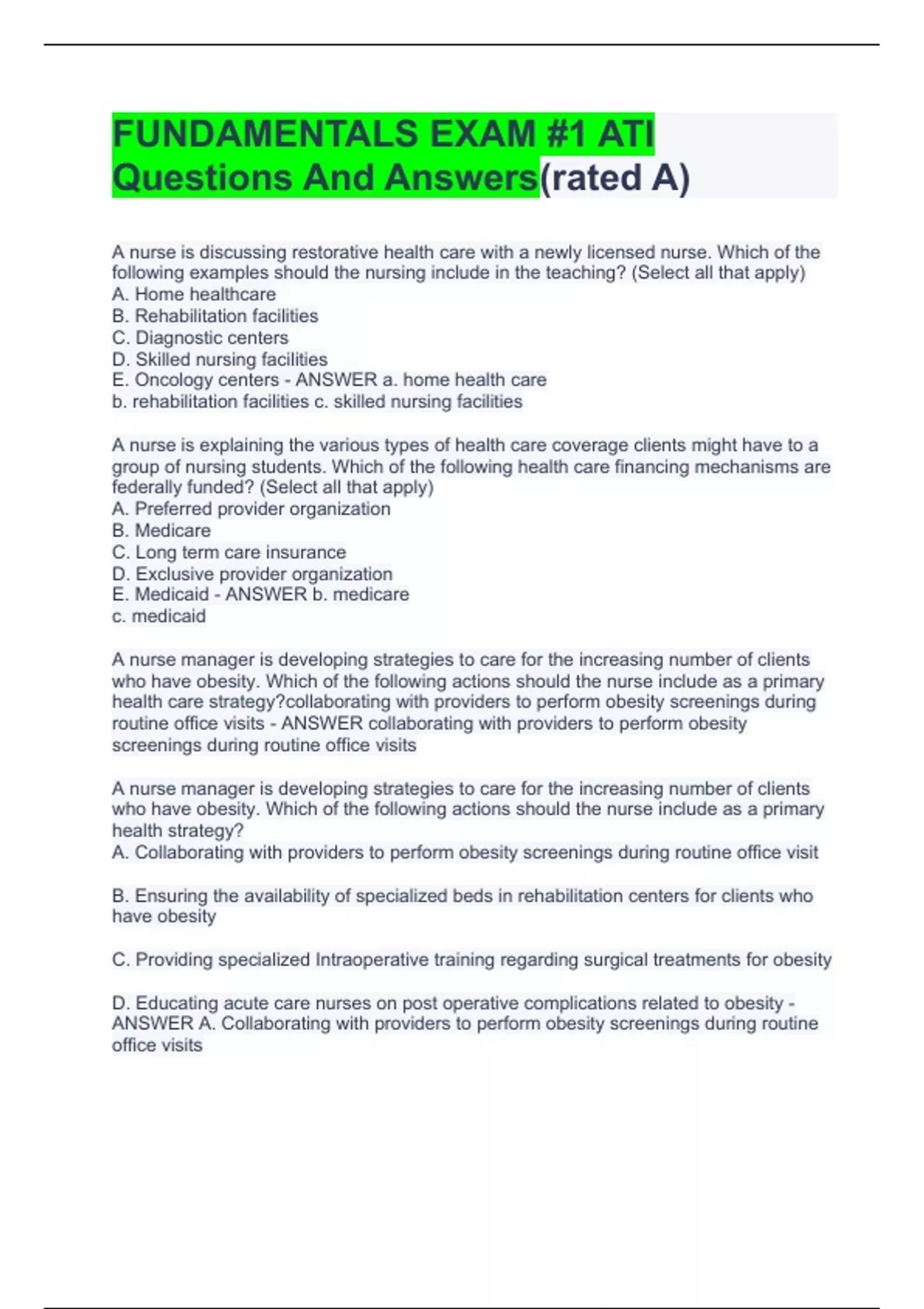 FUNDAMENTALS EXAM #1 ATI Questions And Answers(rated A) - FUNDAMENTALS ...