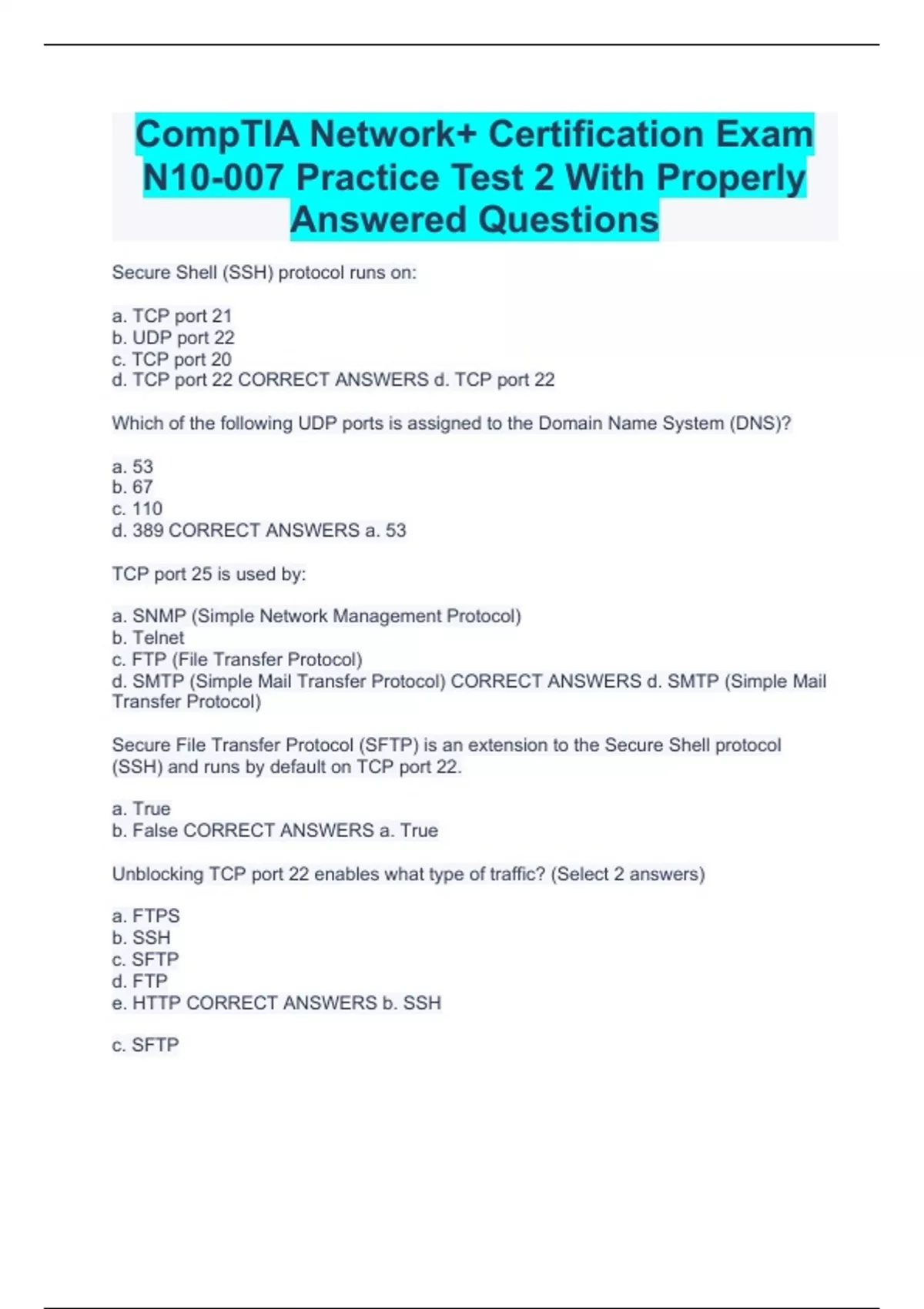 Comptia Network Certification Exam N10 007 Practice Test 2 With Properly Answered Questions