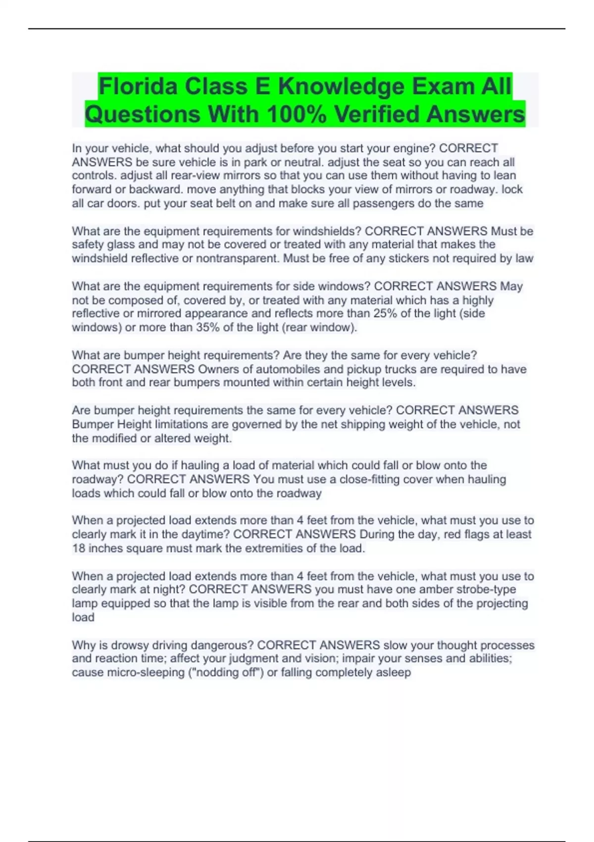 Florida Class E Knowledge Exam All Questions With 100% Verified Answers ...