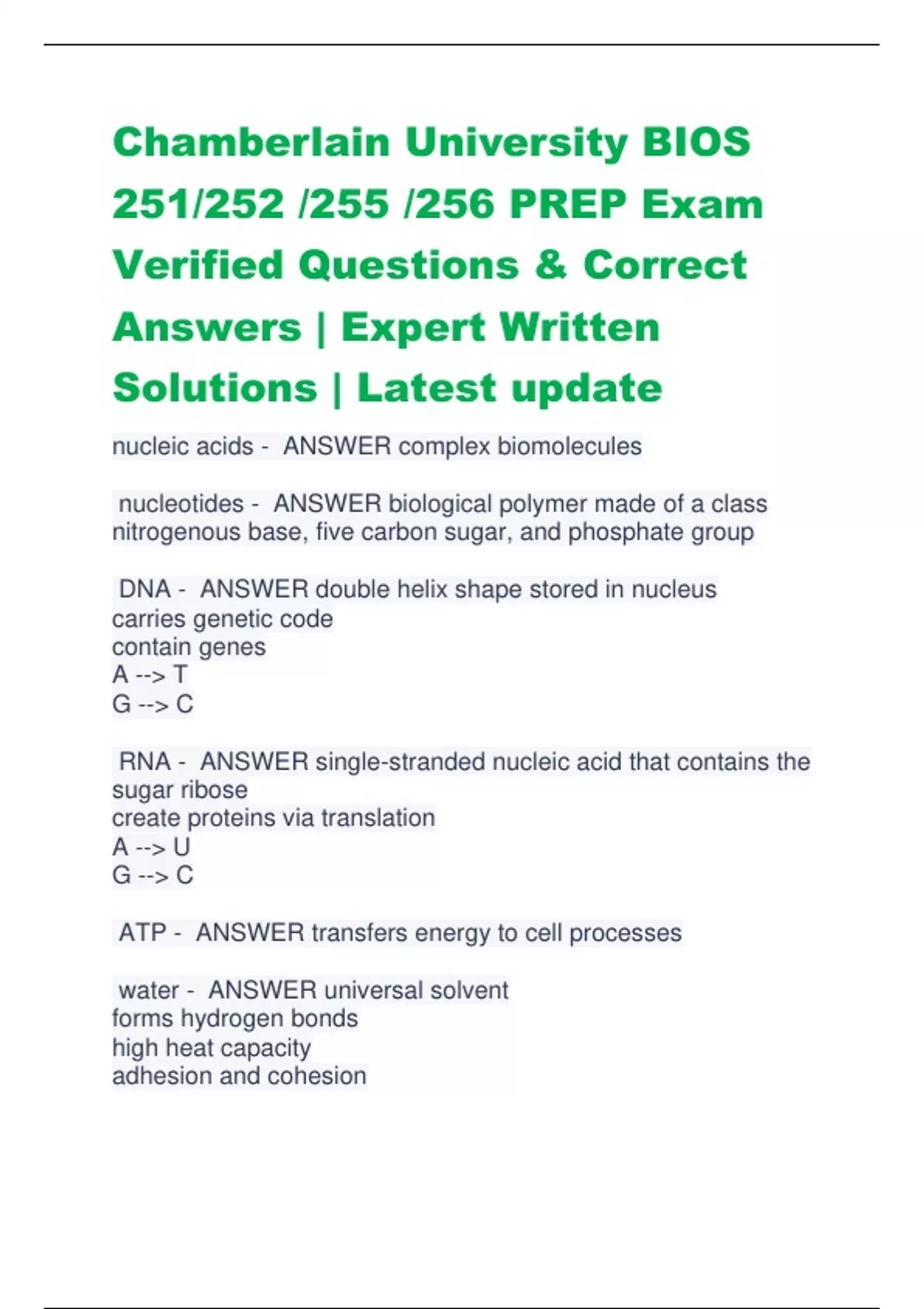 Chamberlain University BIOS 251/252 /255 /256 PREP Exam Verified ...