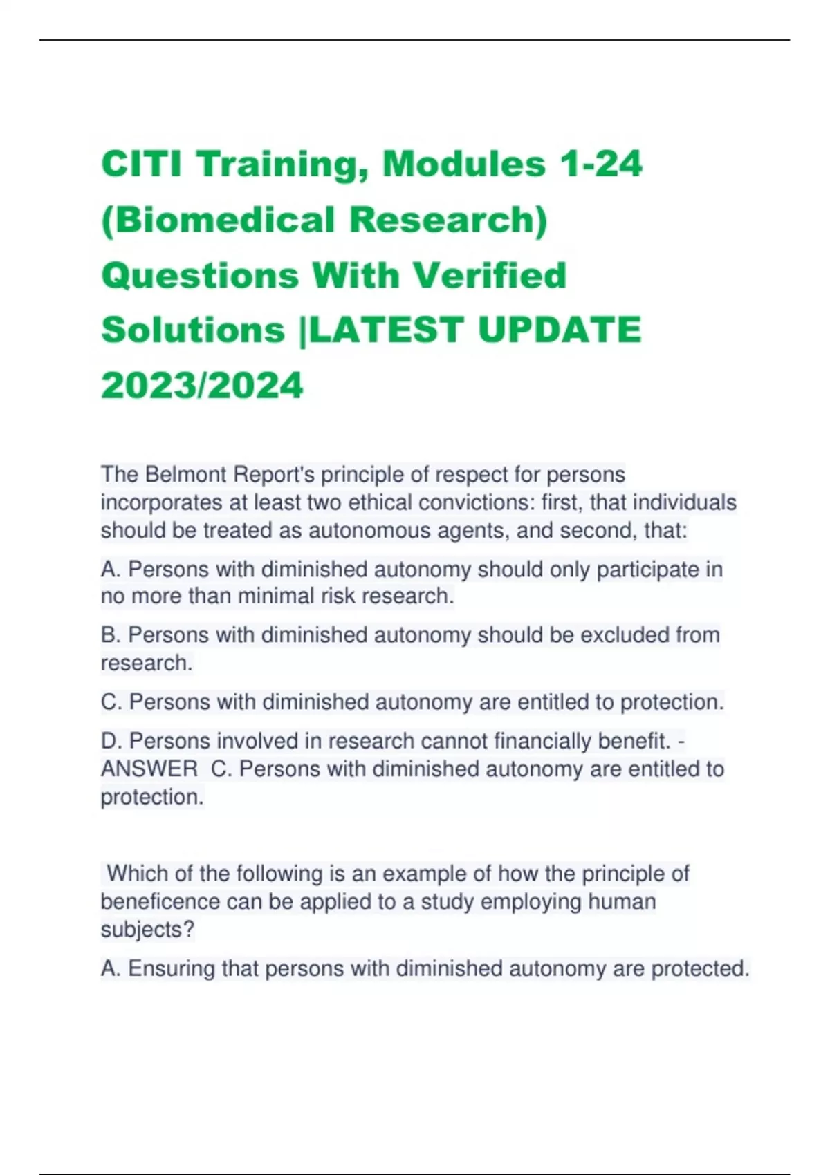 CITI Training, Modules 1-24 (Biomedical Research) Questions With ...