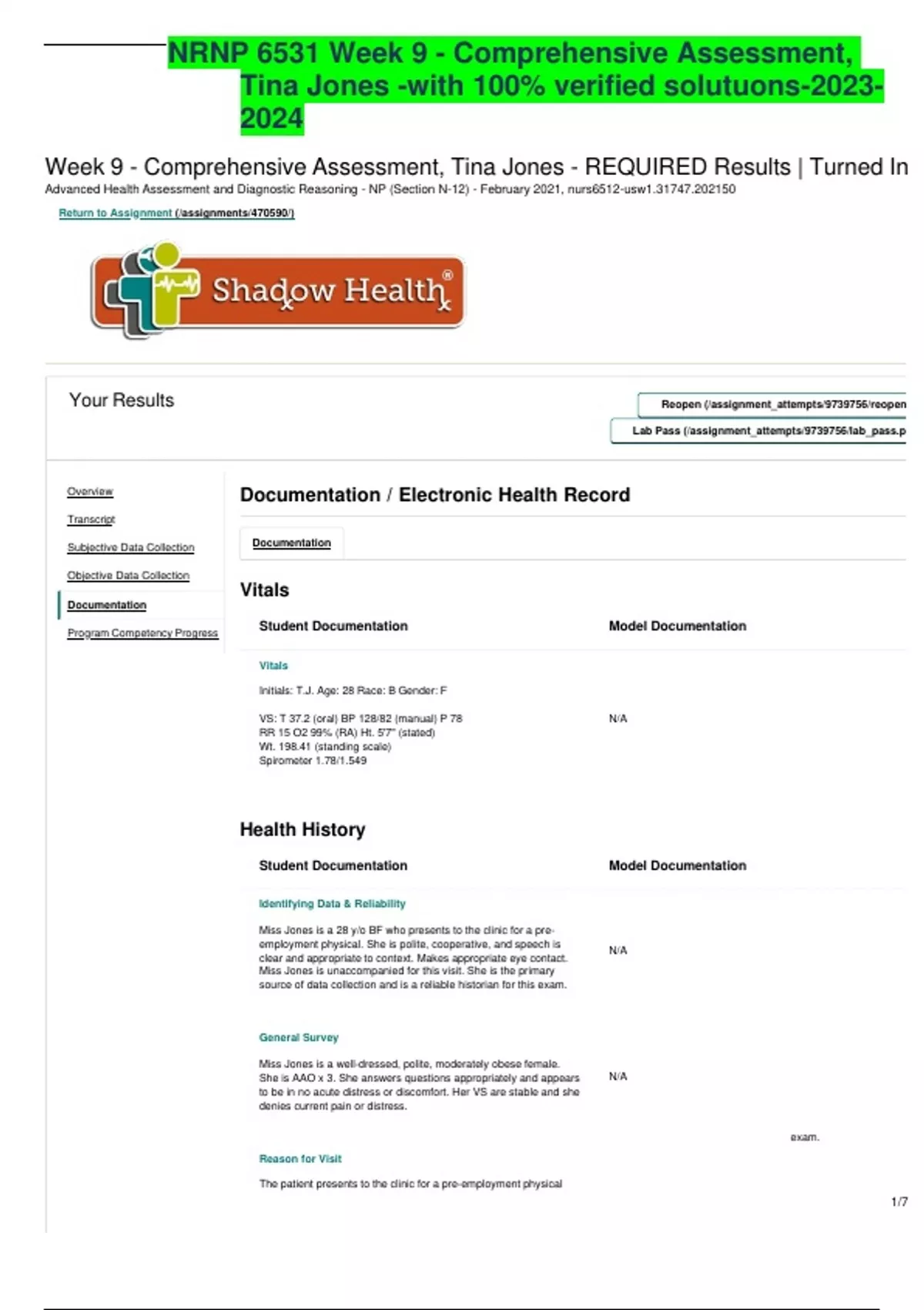 NRNP 6531 Week 9 - Comprehensive Assessment, Tina Jones -2023/2024 ...