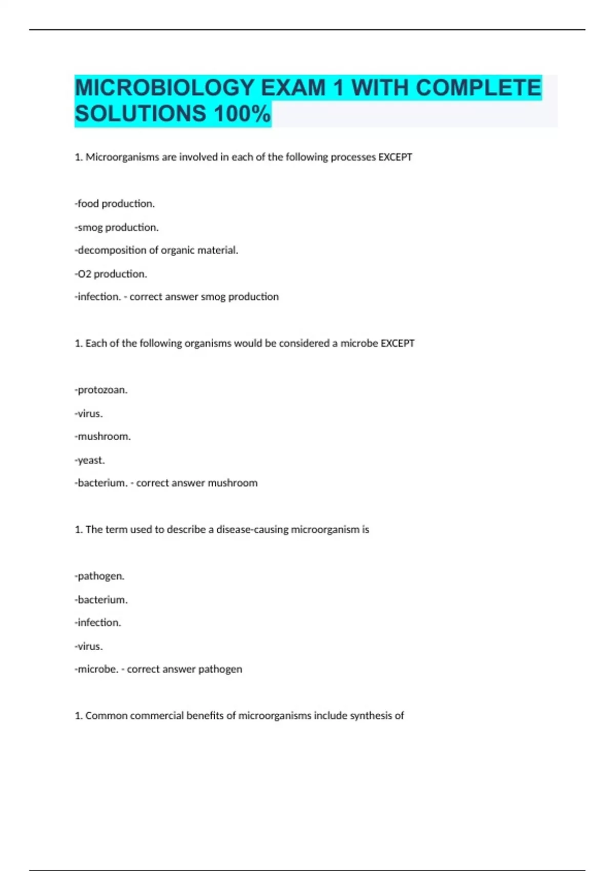 MICROBIOLOGY EXAM 1 WITH COMPLETE SOLUTIONS 100% - Microbiology - Stuvia US