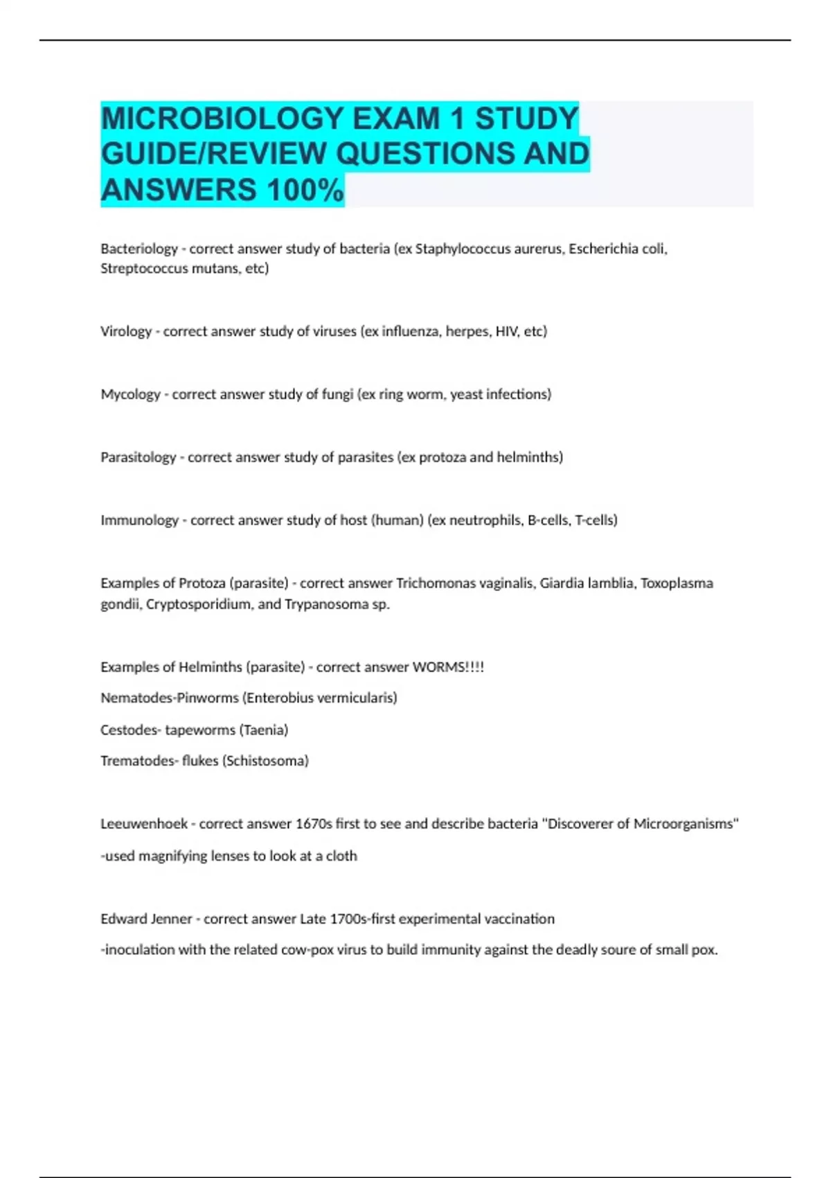 MICROBIOLOGY EXAM 1 STUDY GUIDE/REVIEW QUESTIONS AND ANSWERS 100% ...